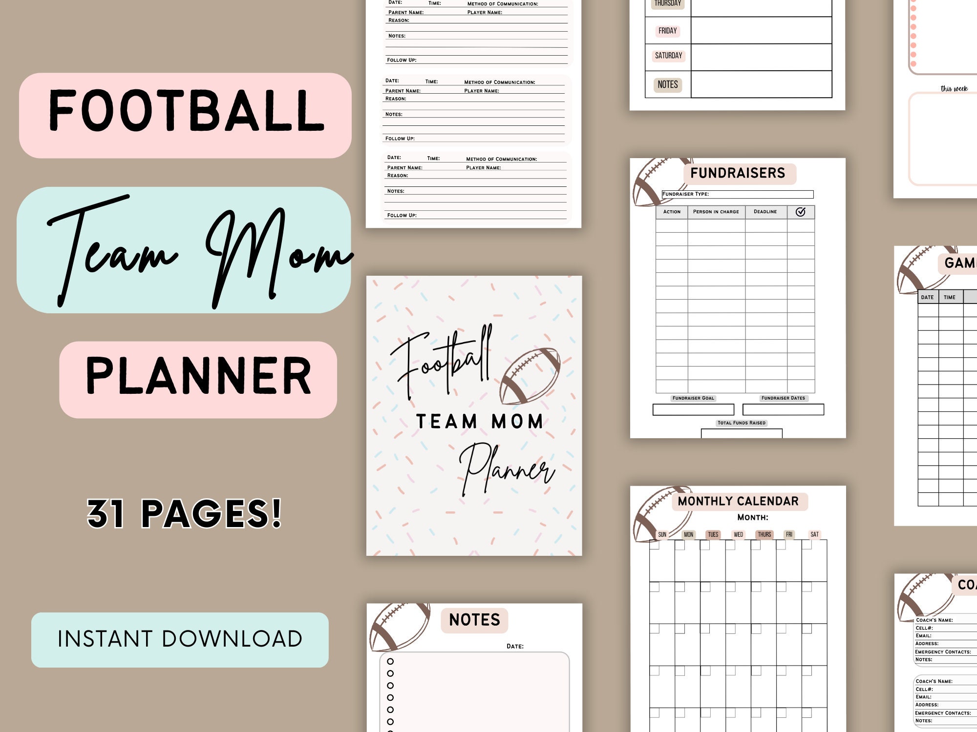 PDF Football Mom Planner, Football Team Mom Planner, Football Binder ...
