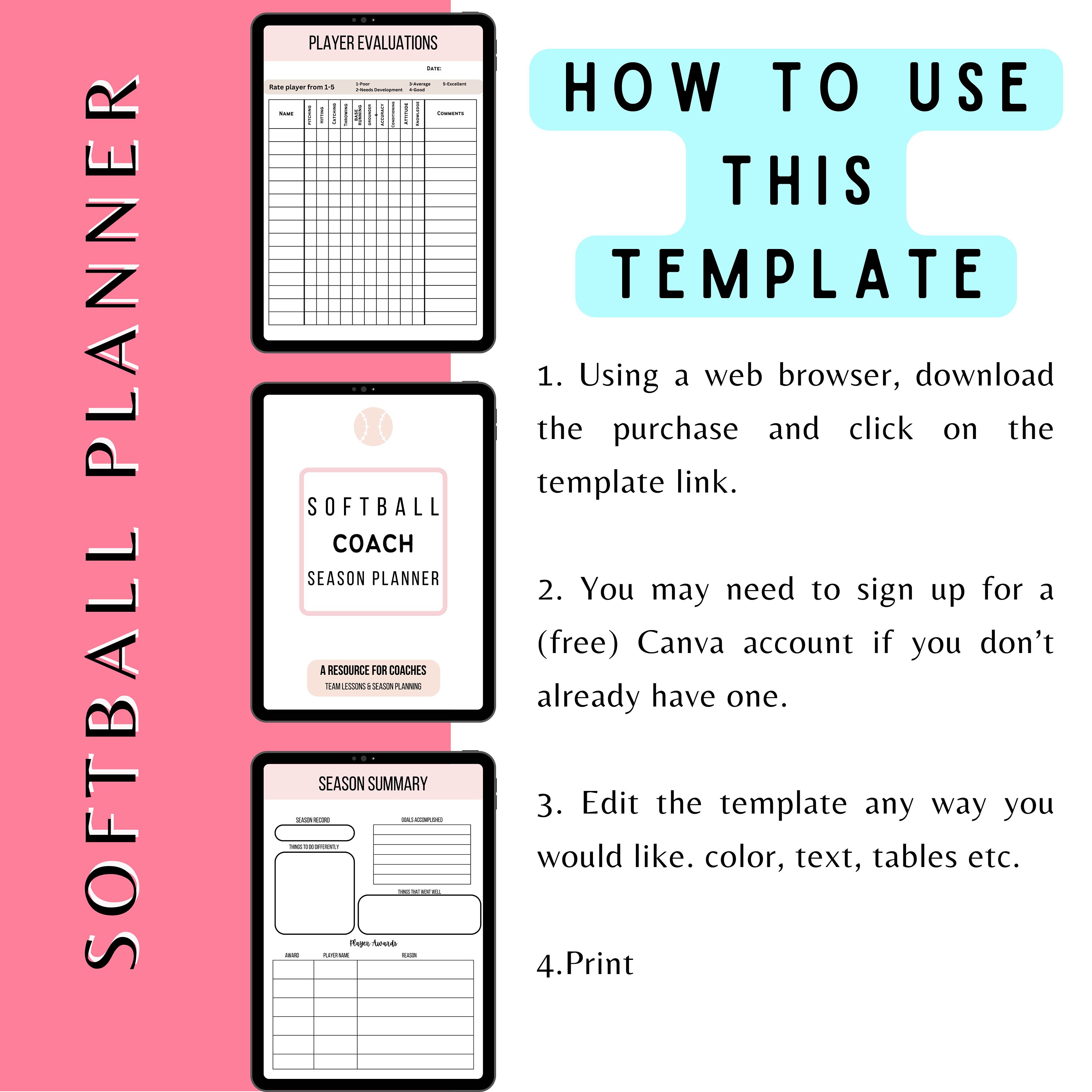 Editable Softball Coach Planner, Softball Coach Planner, Customizable ...