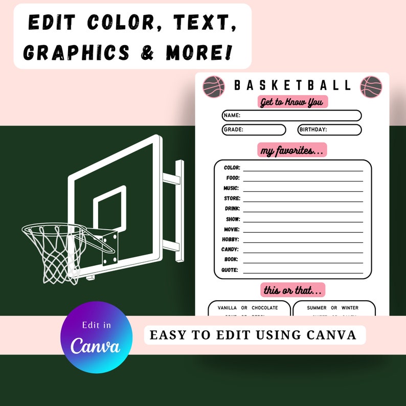 Editable Basketball Get to Know You, Basketball Favorites Sheet ...