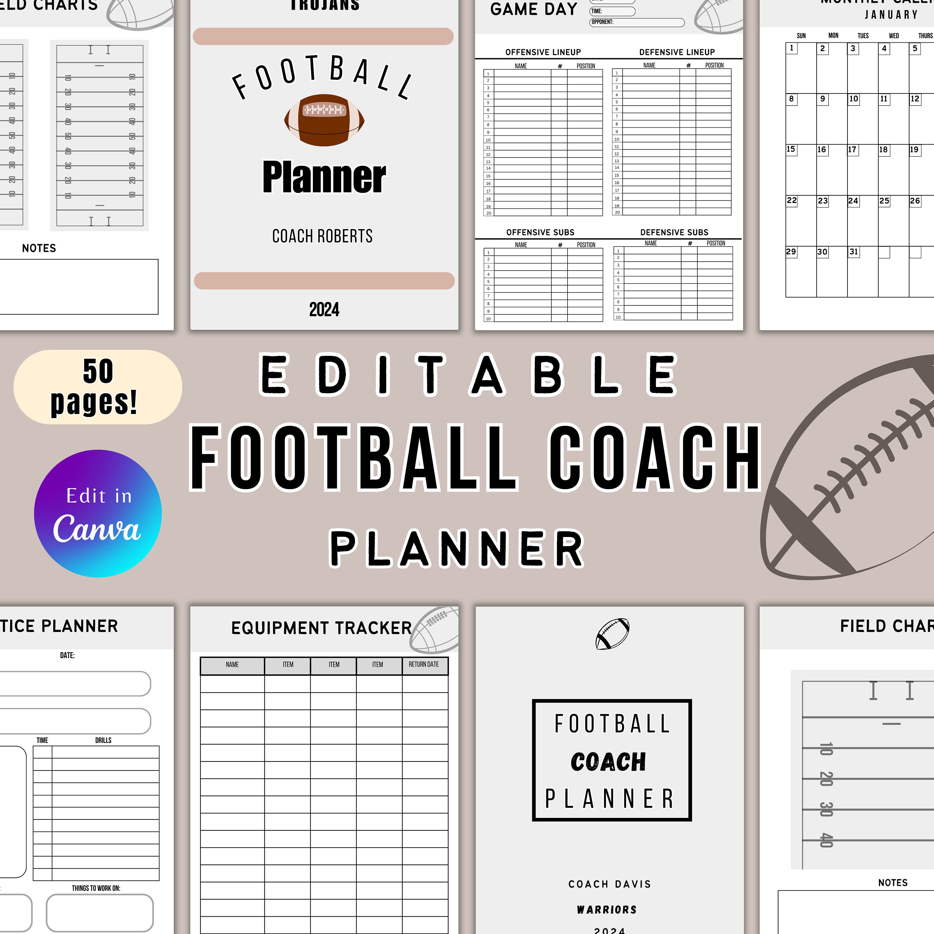 Editable Football Coach Planner, Printable Football Coach Planner ...