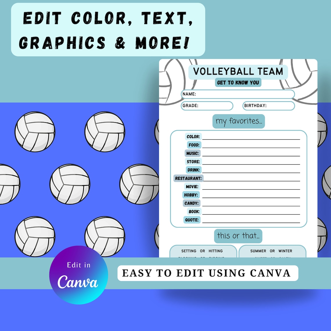 Volleyball Team Get to Know You Sheet, Editable Get to Know You, Team ...