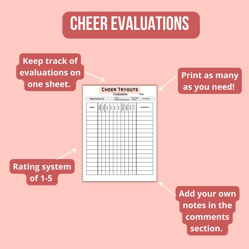 Cheer Tryout Planner, Cheer Tryout Templates, Cheer Evaluations, Cheer ...