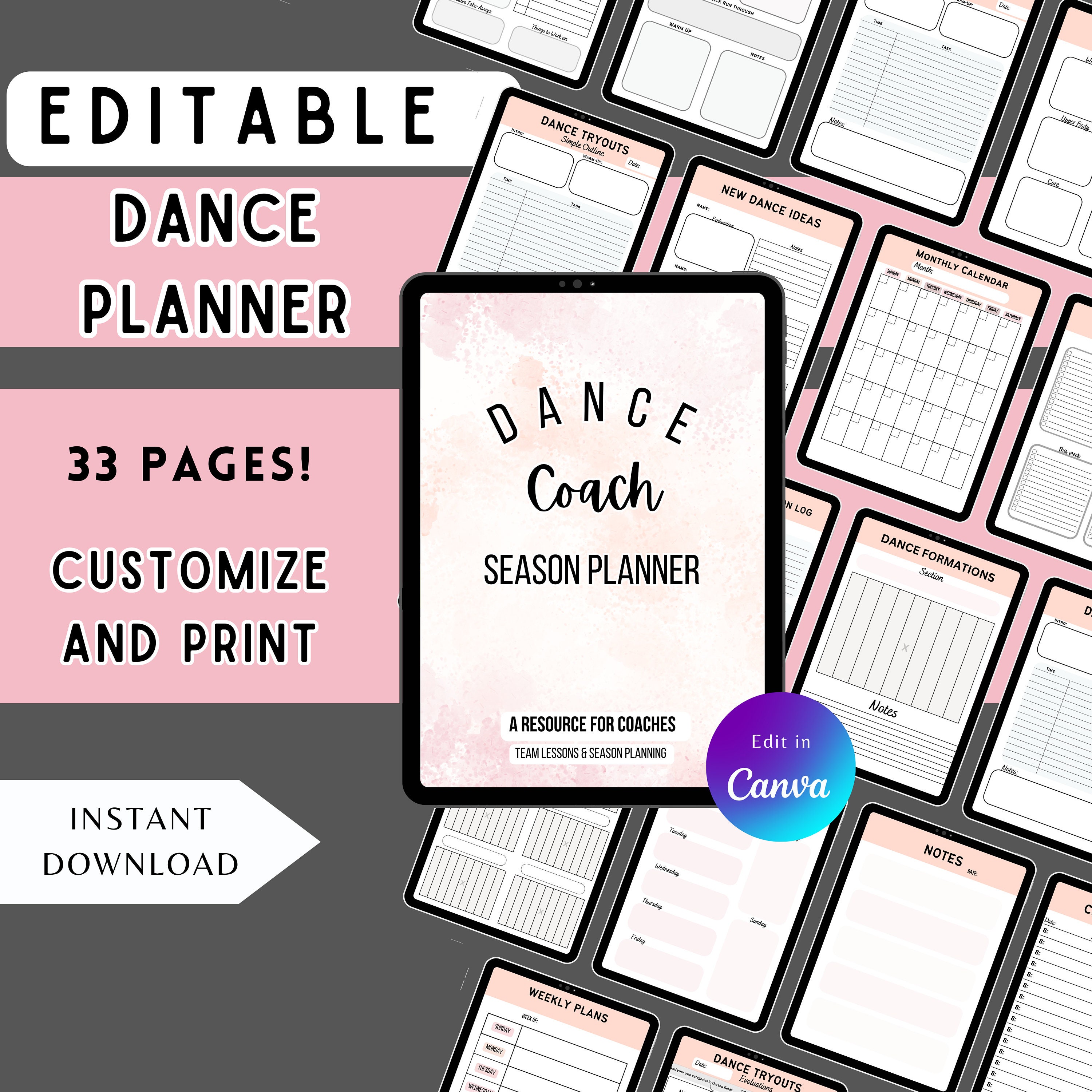 Editable Dance Planner, Editable Dance Coach Planner, Dance Teacher ...