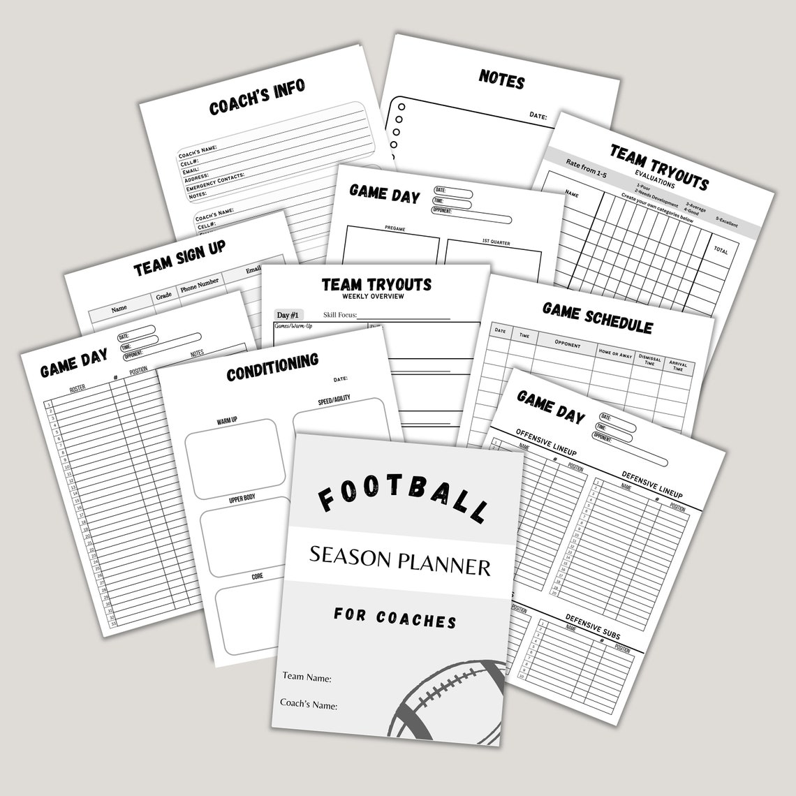 PDF Football Coach Planner, Printable Football Planner, Football Season ...