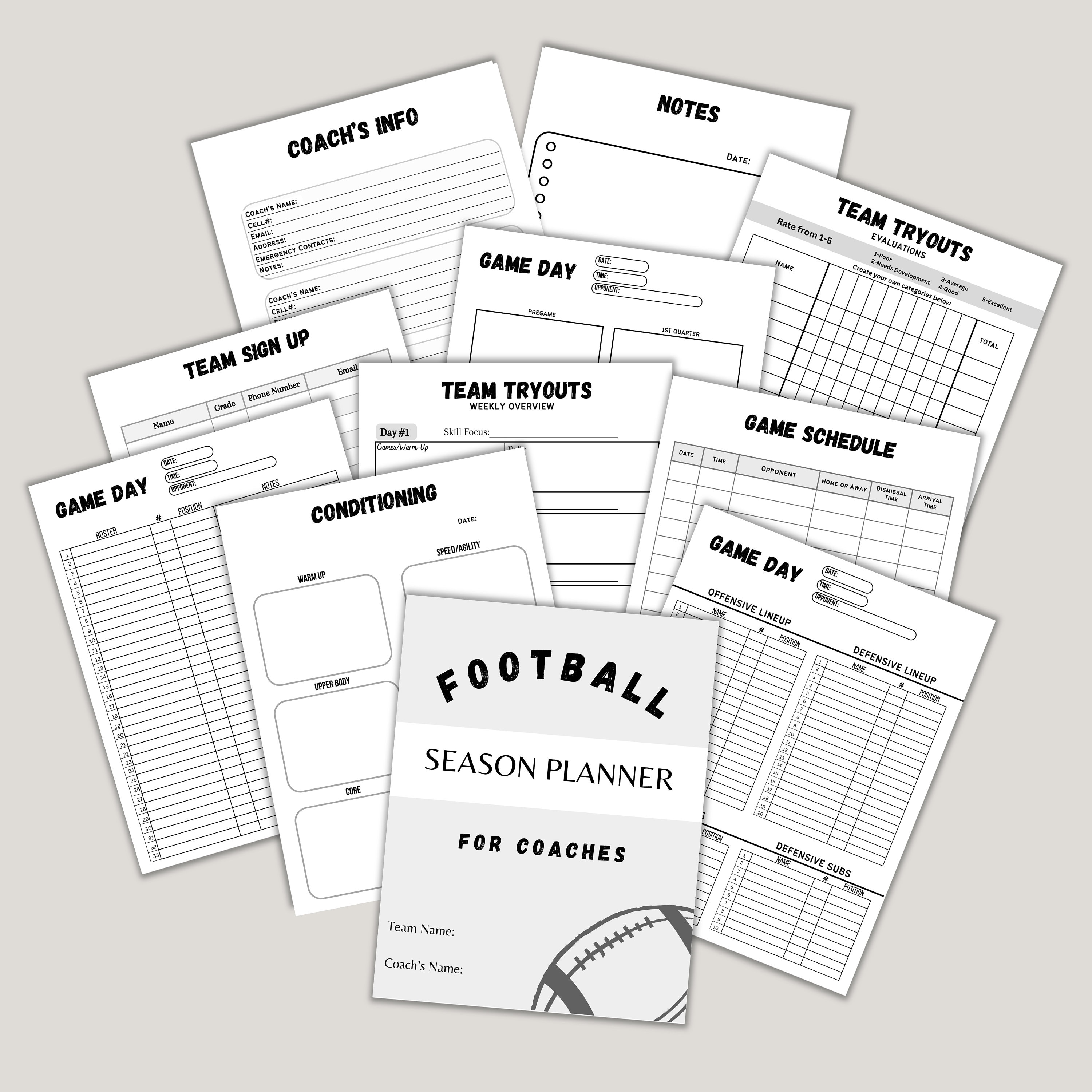 PDF Football Coach Planner, Printable Football Planner, Football Season ...