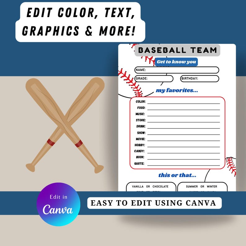 Baseball Team Get to Know You Sheet, Editable Get to Know You, Team ...