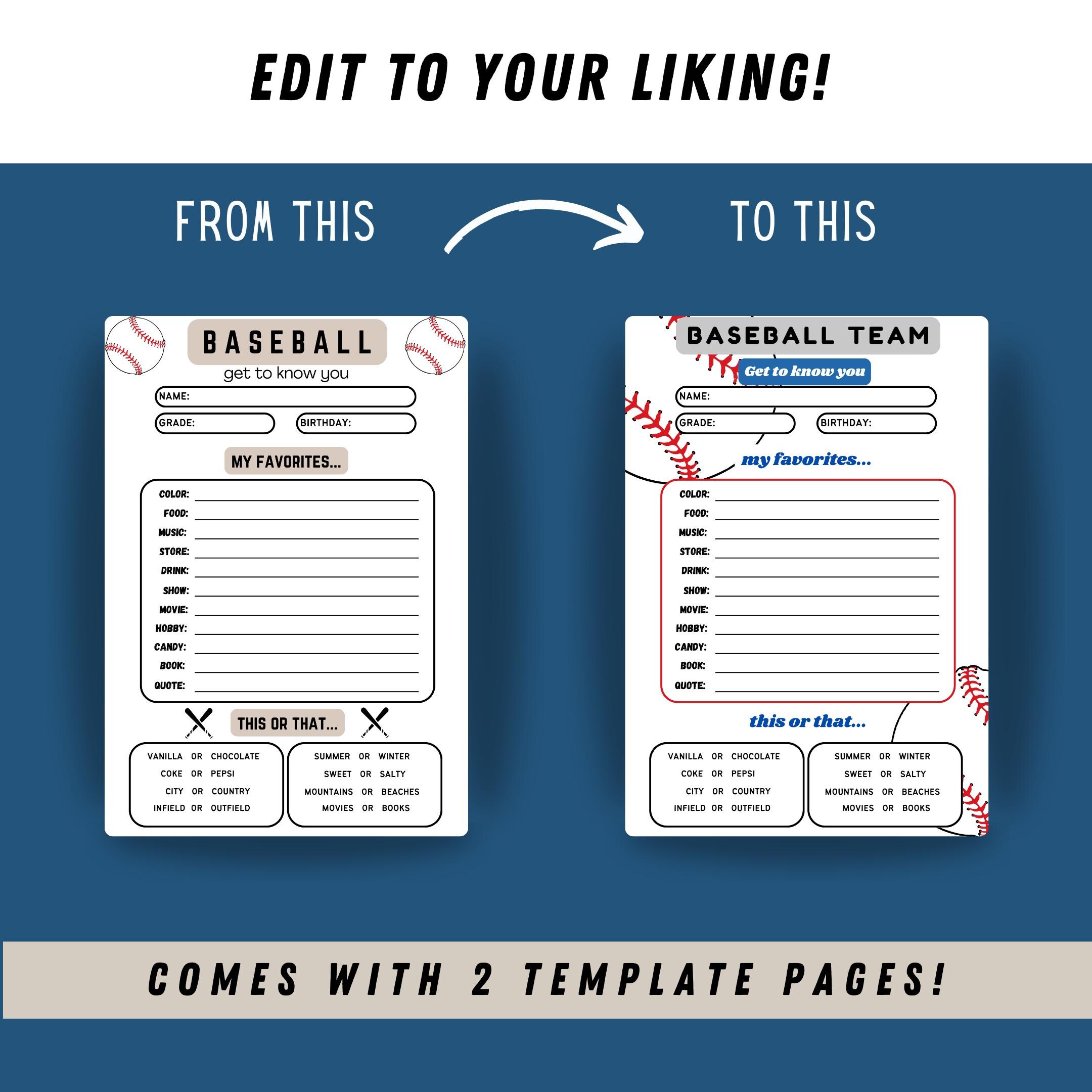 Baseball Team Get to Know You Sheet, Editable Get to Know You, Team ...