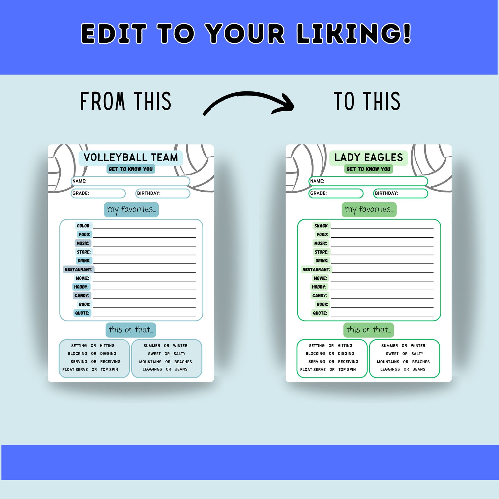 Volleyball Team Get to Know You Sheet, Editable Get to Know You, Team ...