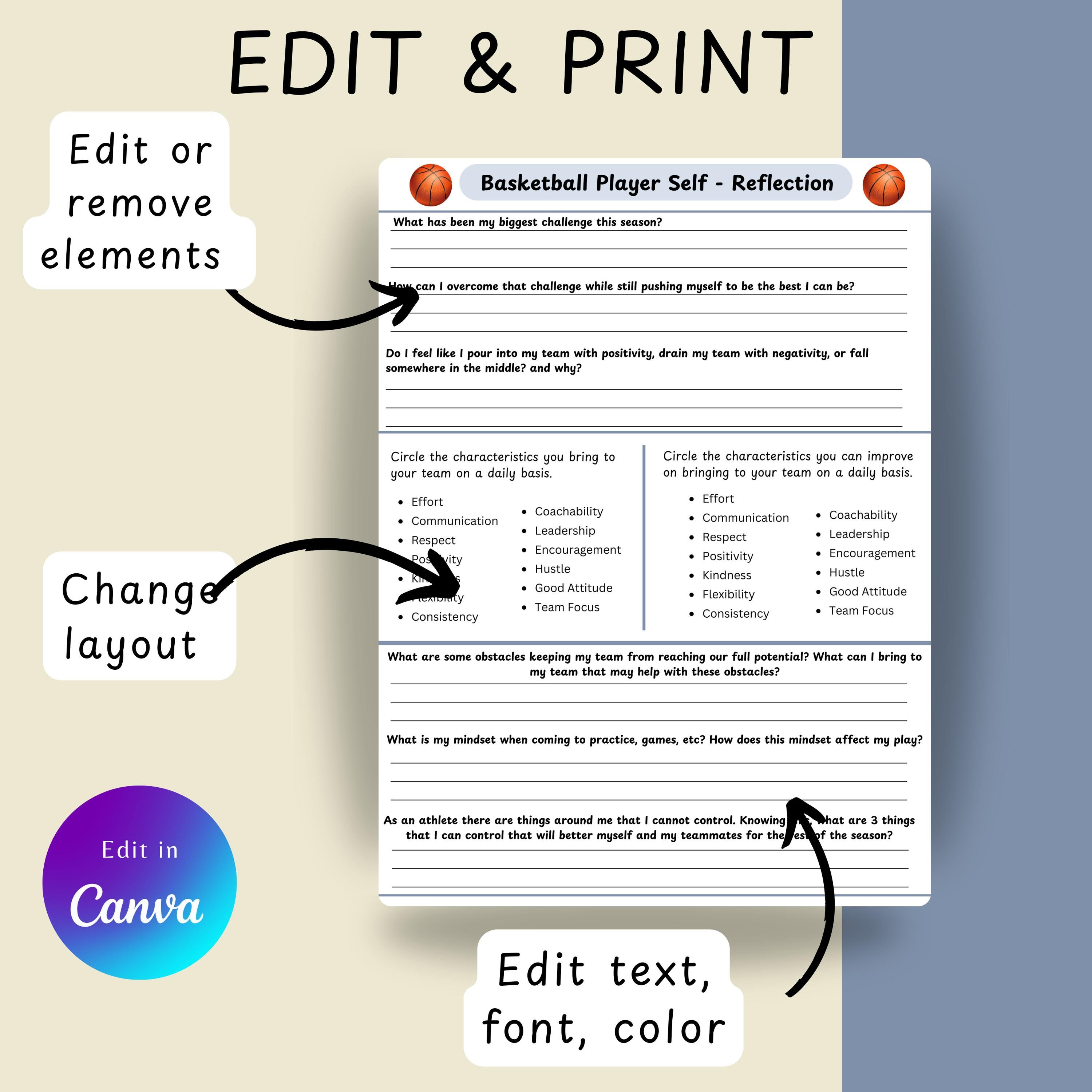 Editable Basketball Self Reflection Sheet, Basketball Player ...