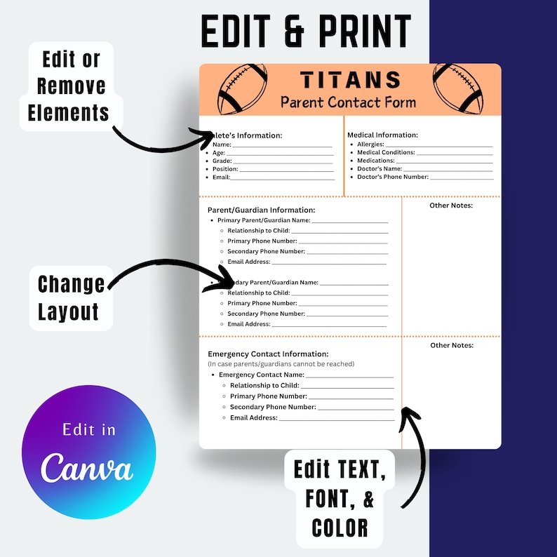 Parent Contact Form Template, Editable Athlete Contact Form ...