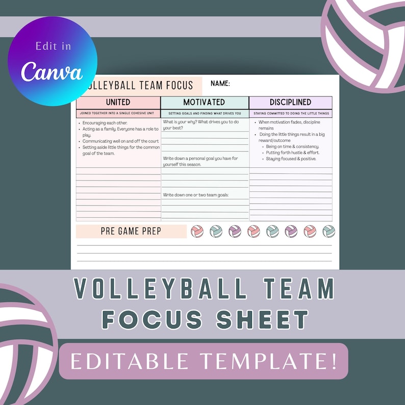 Editable Volleyball Team Goal Sheet, Season Focus Sheet for Volleyball ...