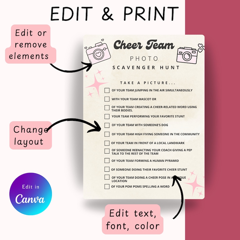 Cheer Team Scavenger Hunt, Cheer Photo Scavenger Hunt, Cheer Team Photo ...