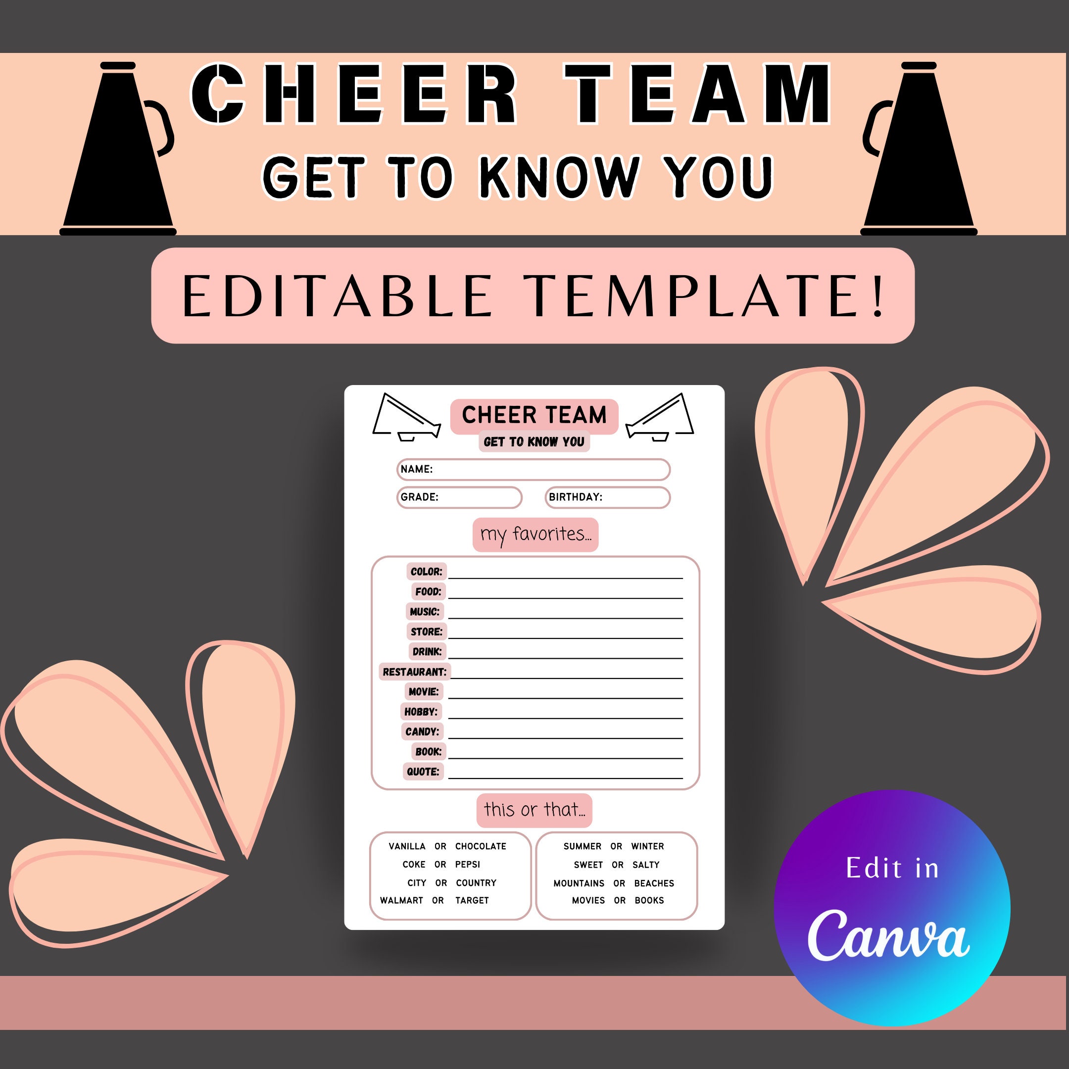 Cheer Team Get to Know You Sheet: Editable Canva Template (digital ...