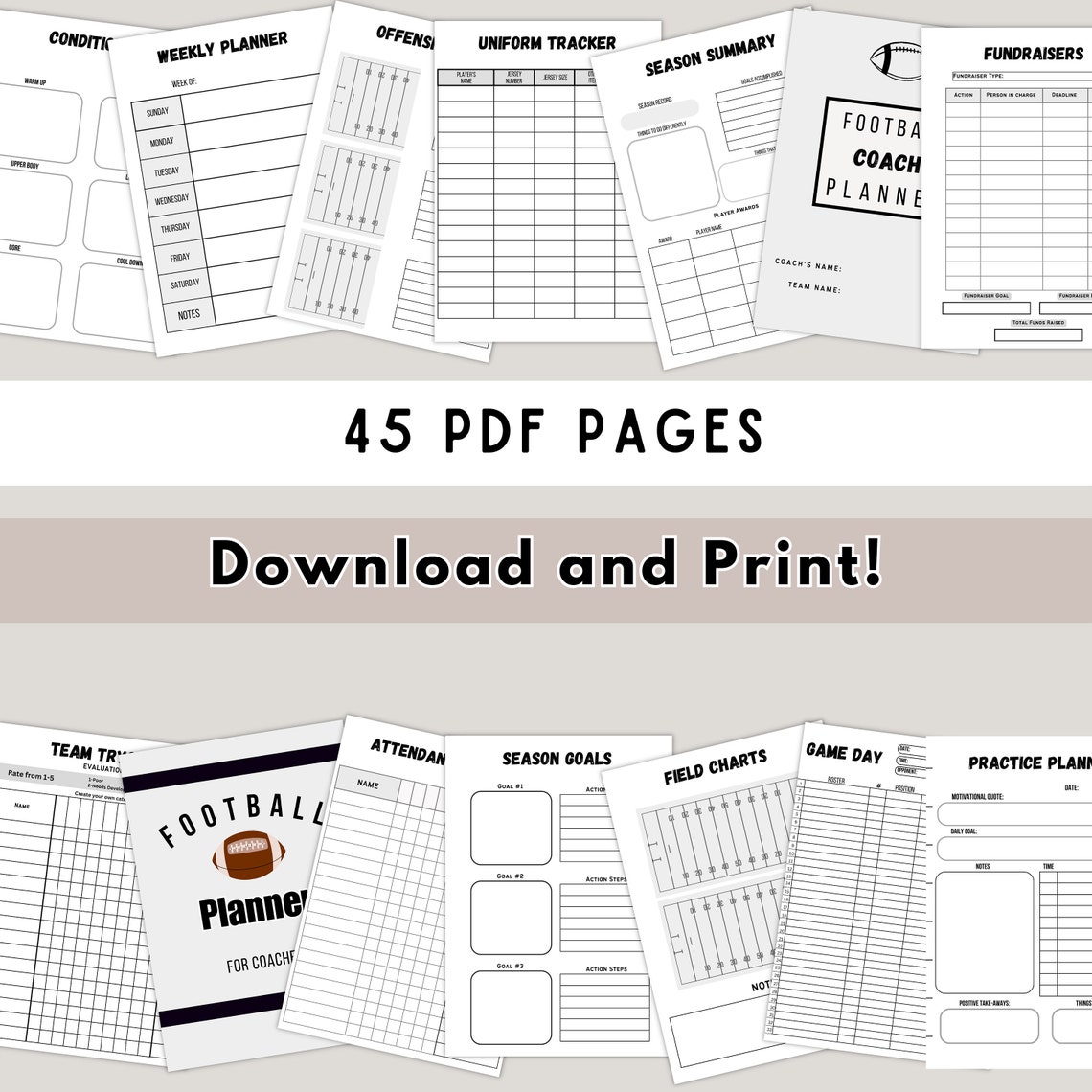 PDF Football Coach Planner, Printable Football Planner, Football Season ...