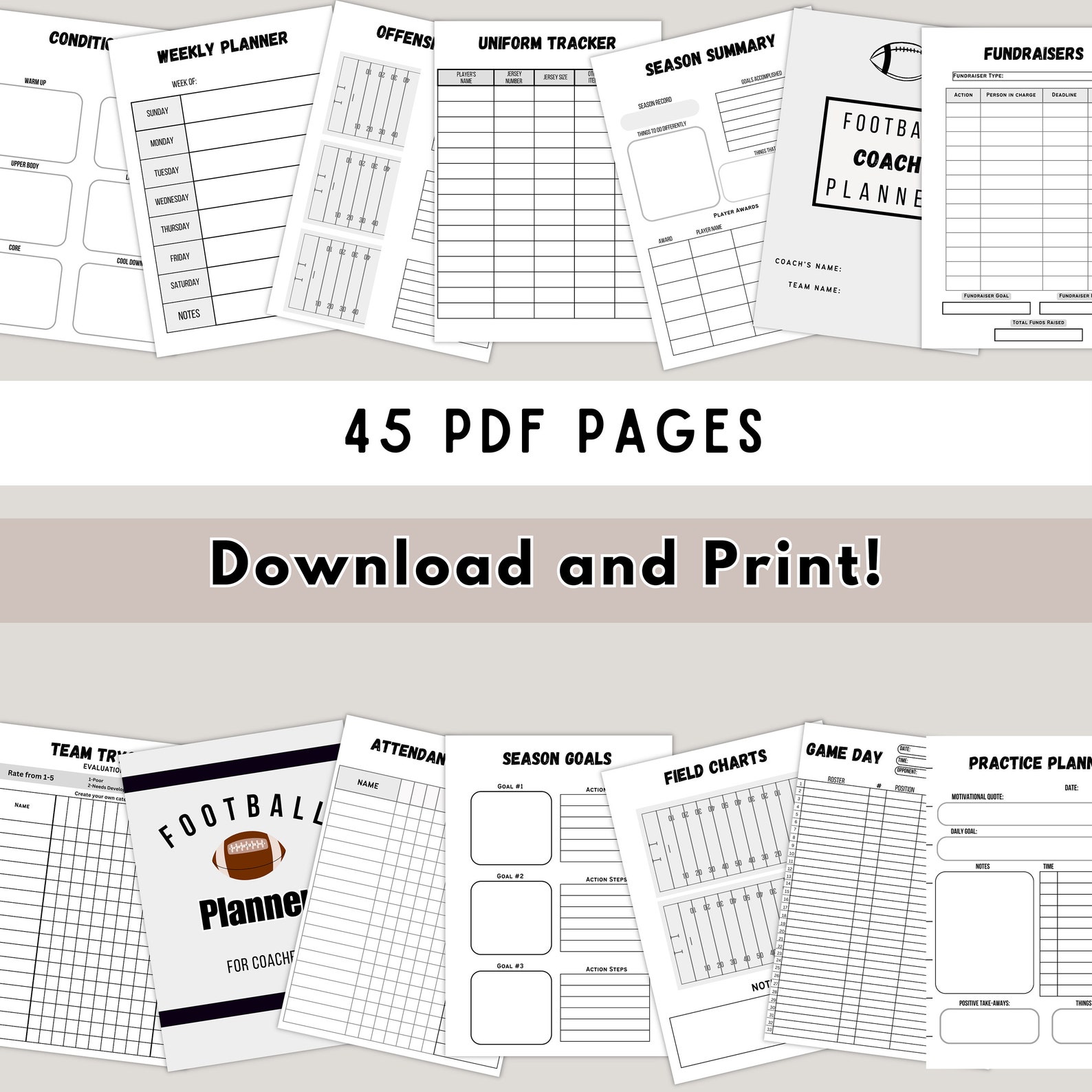 PDF Football Coach Planner, Printable Football Planner, Football Season ...