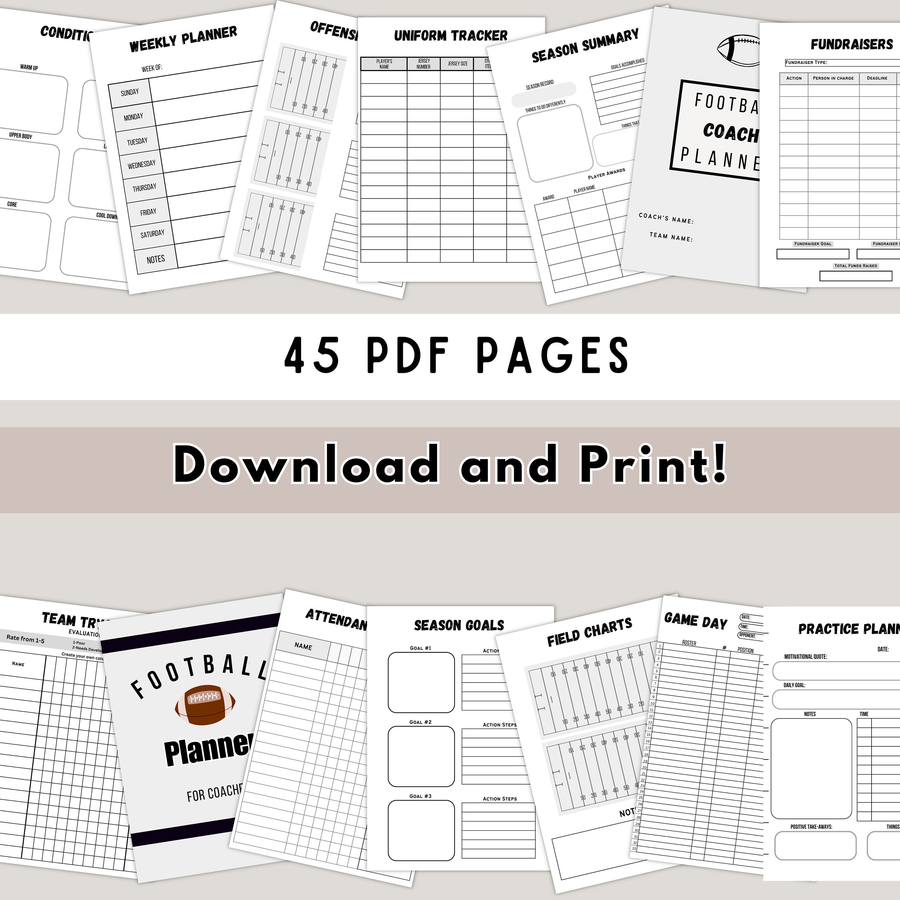 PDF Football Coach Planner, Printable Football Planner, Football Season ...