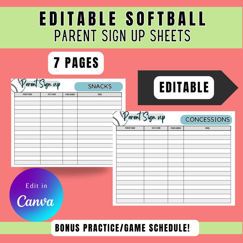 Editable Softball Sign up Sheets, Volunteer Sign Ups, Softball ...