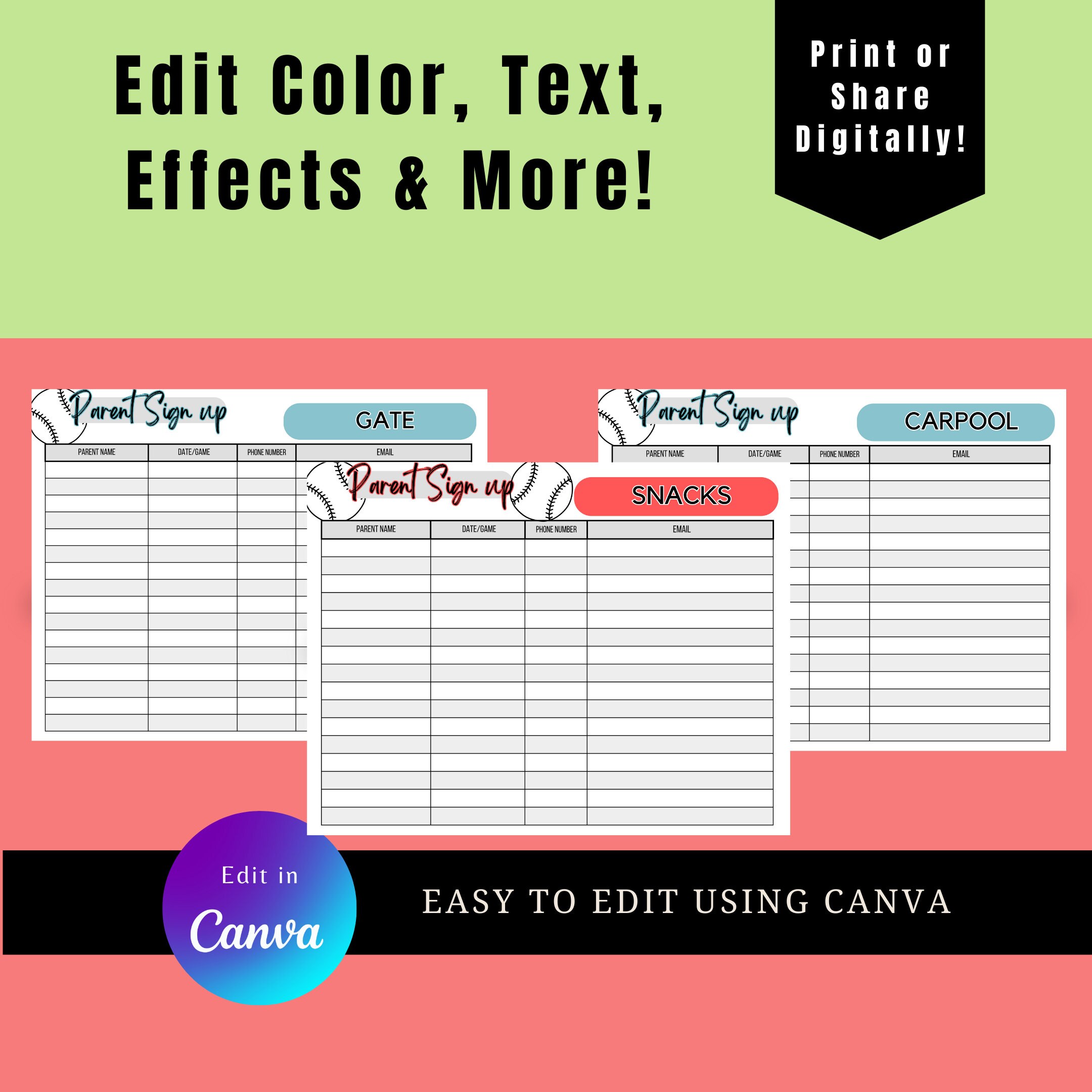 Editable Softball Sign up Sheets, Volunteer Sign Ups, Softball ...
