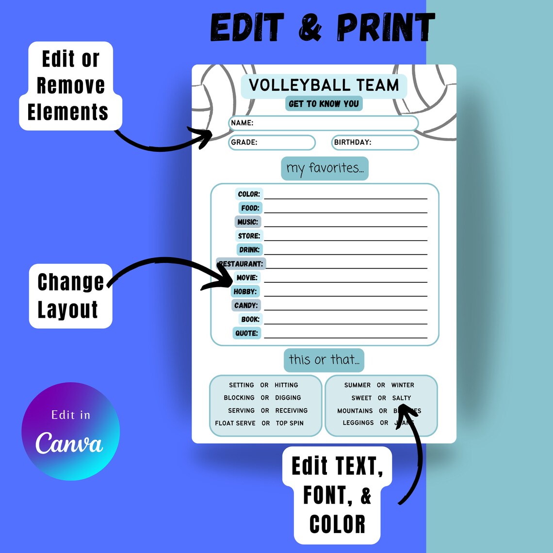 Volleyball Team Get to Know You Sheet, Editable Get to Know You, Team ...