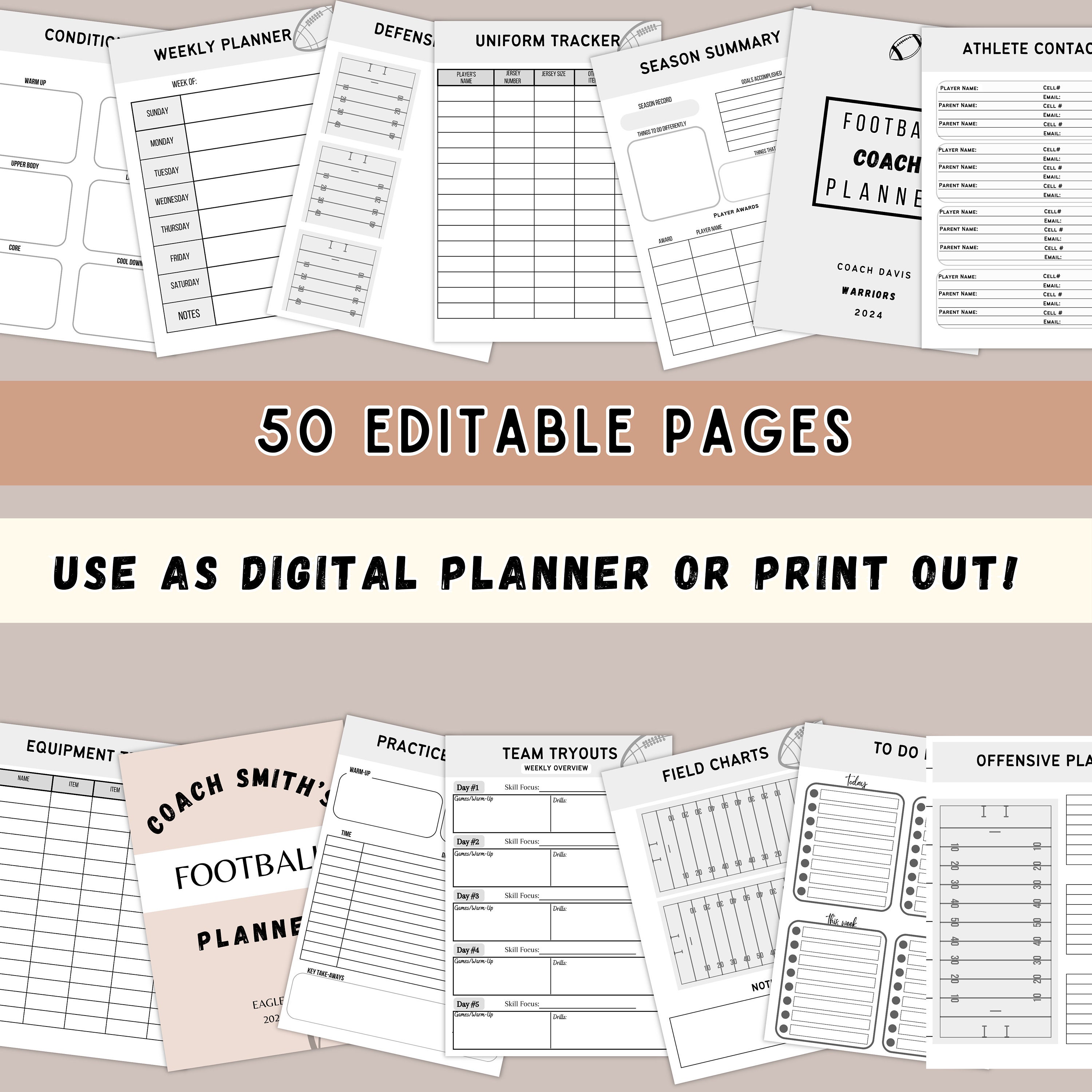 Editable Football Coach Planner, Printable Football Coach Planner ...