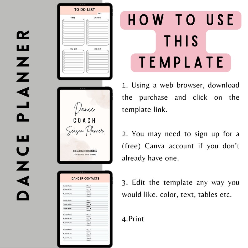 Editable Dance Planner, Editable Dance Coach Planner, Dance Teacher ...