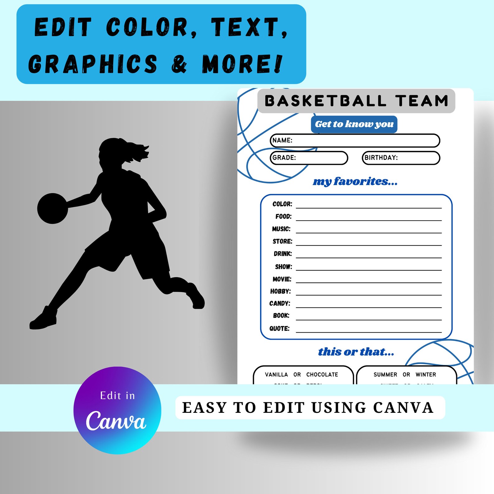 Basketball Team Get to Know You Sheet, Editable Get to Know You, Team ...