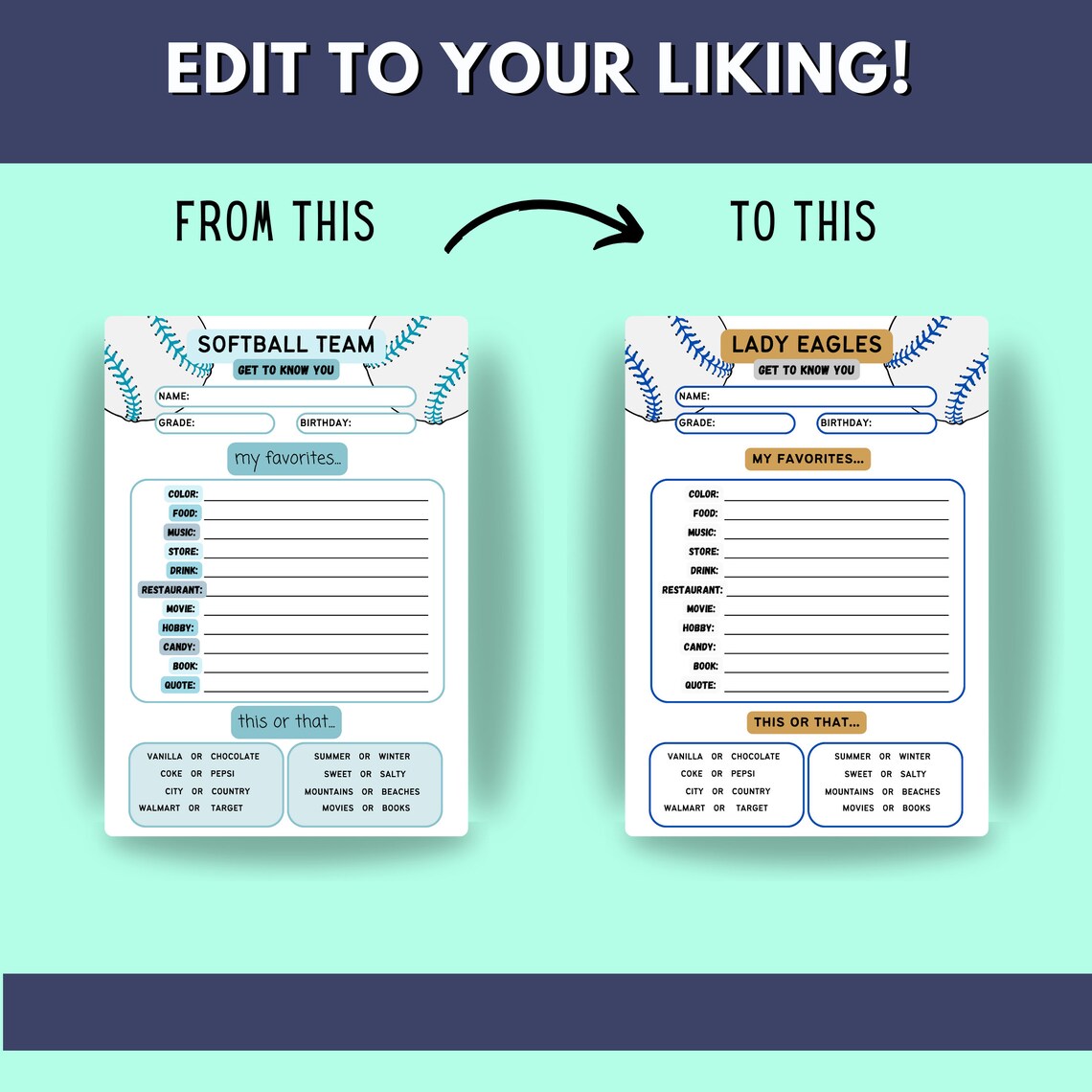Editable Softball Team Get to Know You, Softball Getting to Know You ...