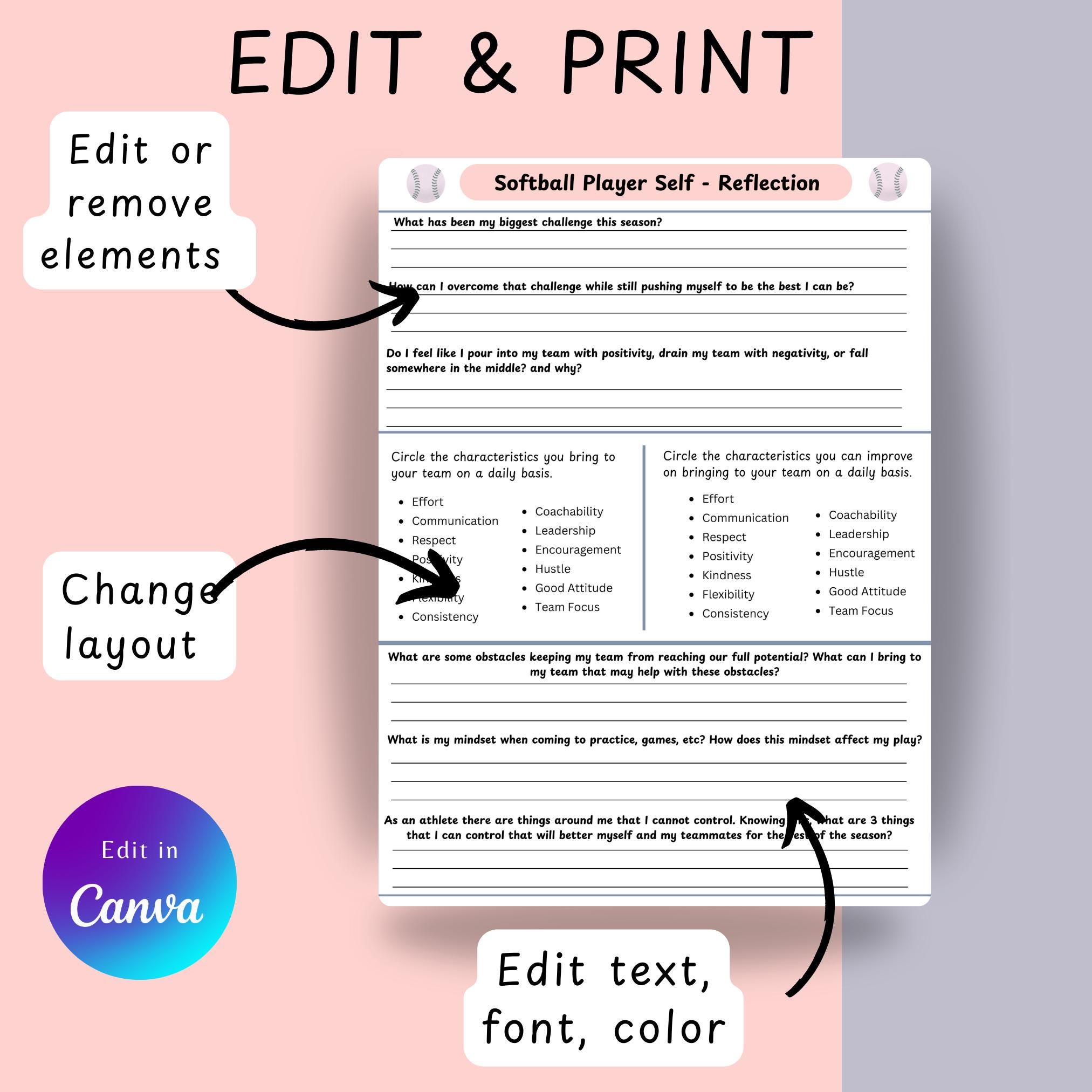 Softball Player Self Reflection Sheet, Editable Self Reflection ...