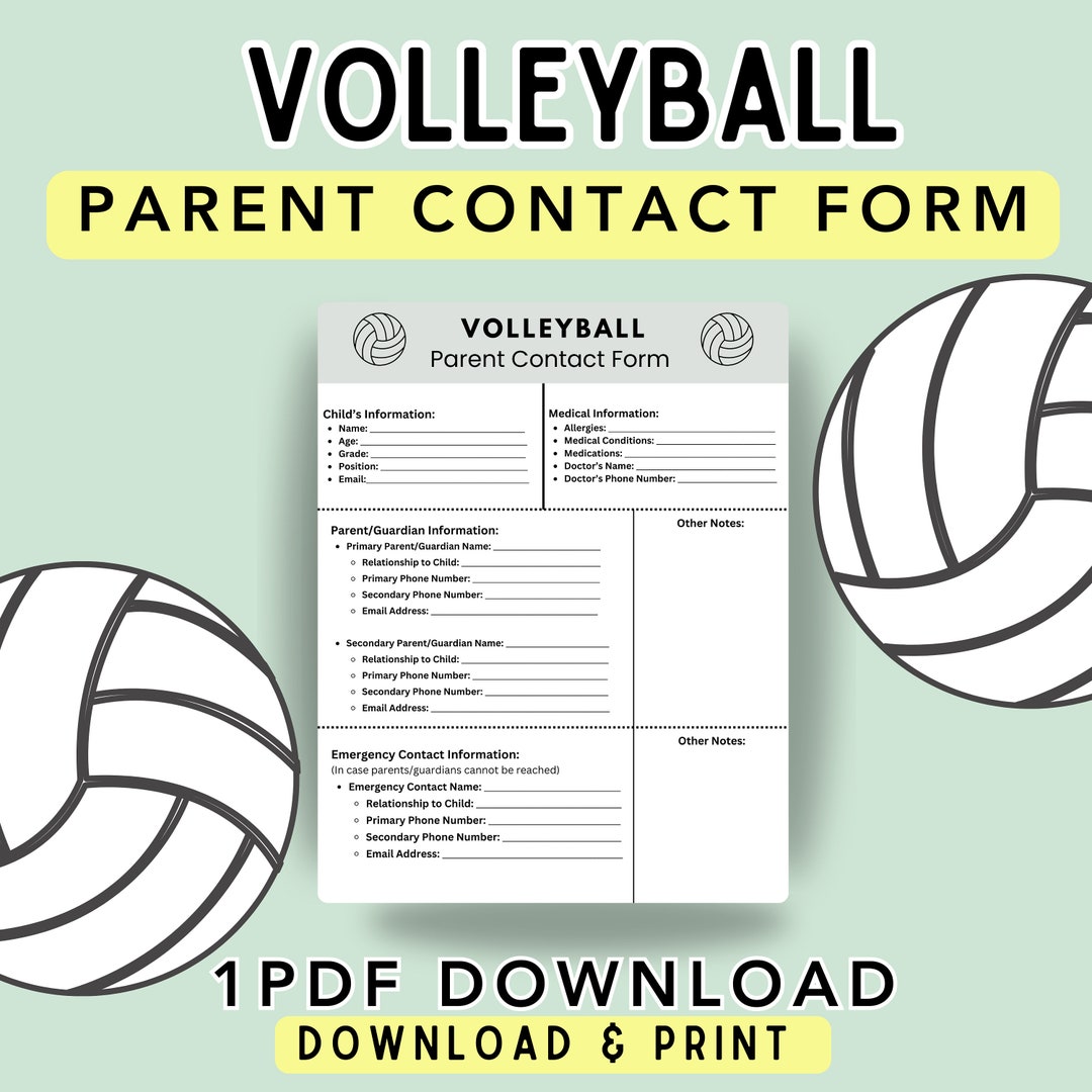 Volleyball Parent Contact Form, Player Contact Form, Printable ...