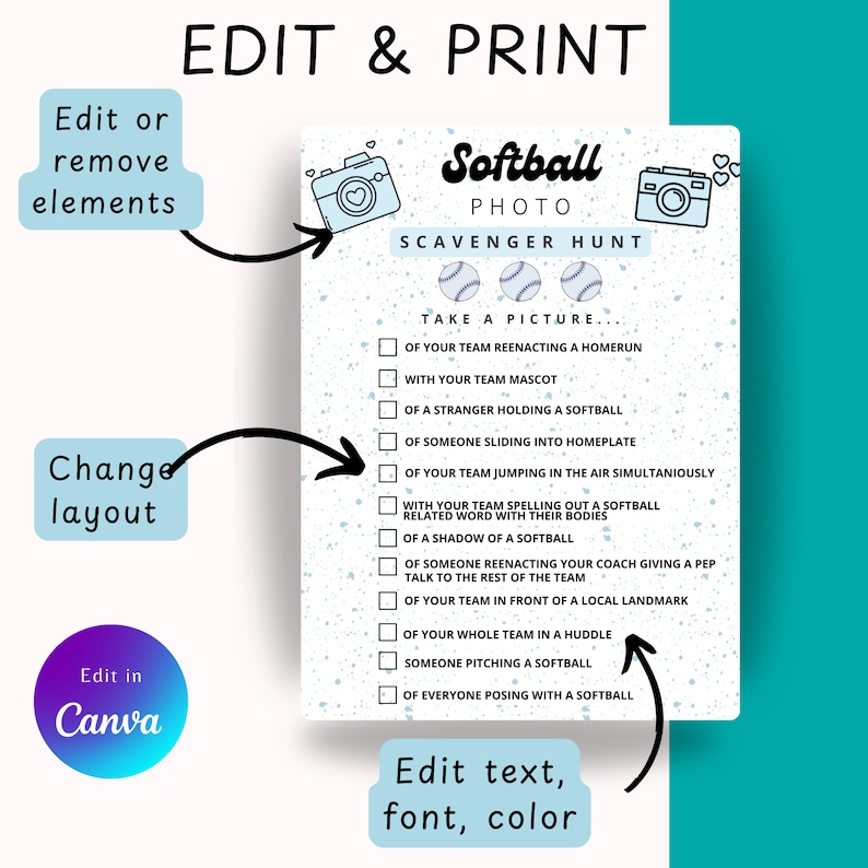 Softball Team Scavenger Hunt, Softball Photo Scavenger Hunt, Softball ...