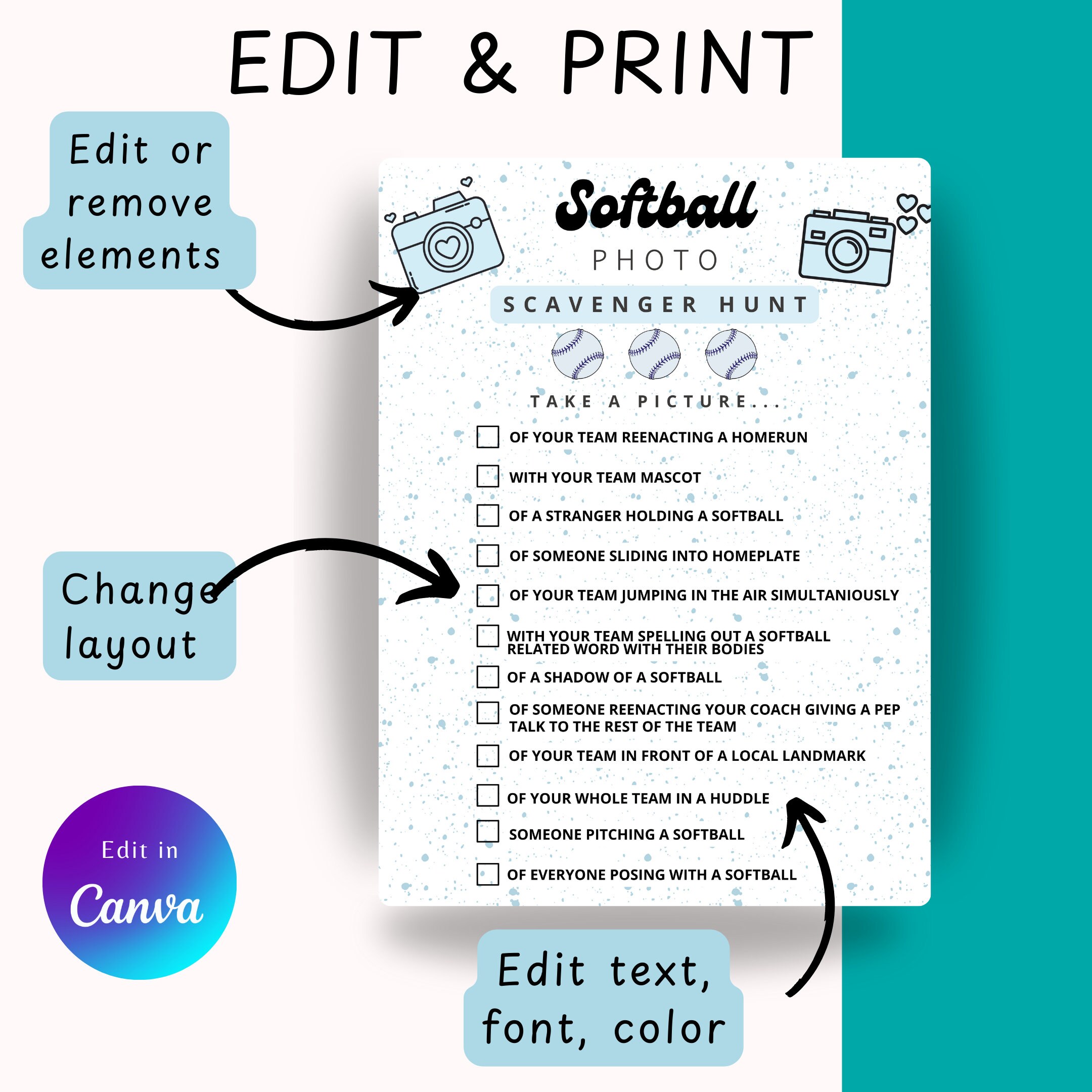 Softball Team Scavenger Hunt, Softball Photo Scavenger Hunt, Softball ...