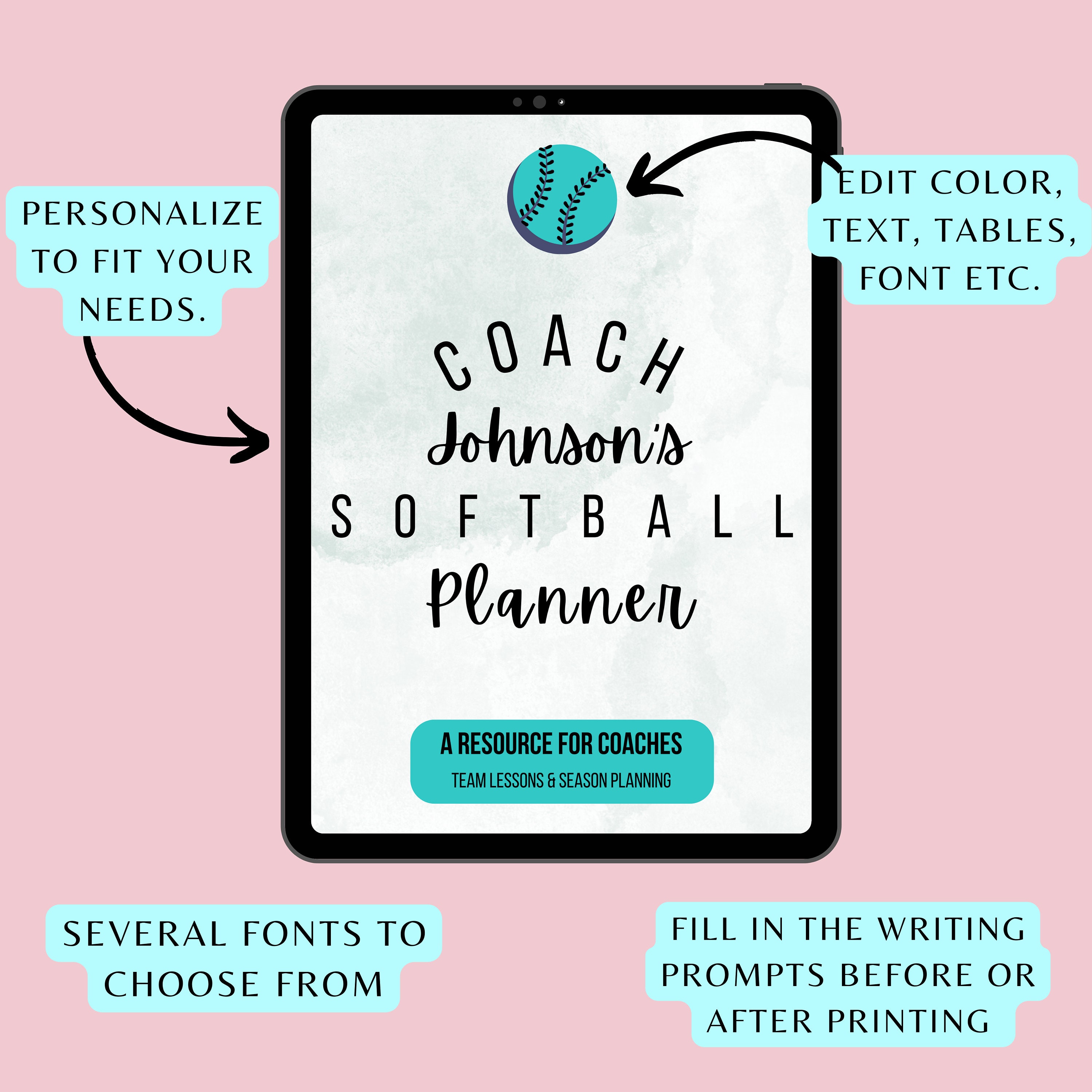 Editable Softball Coach Planner, Softball Coach Planner, Customizable ...