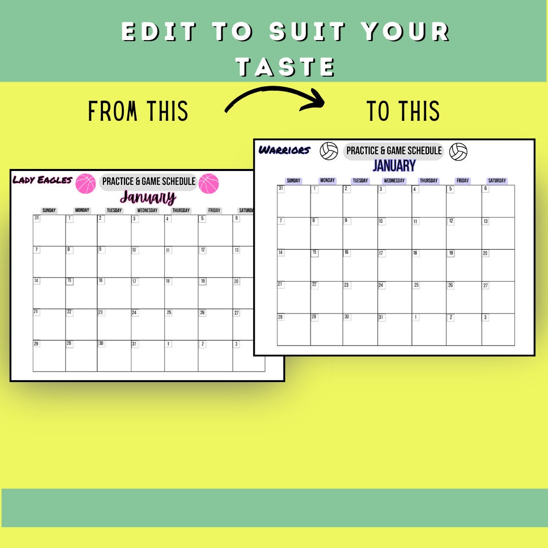 Editable Sports Schedule, Sports Calendar, Editable Team Calendar, Team ...