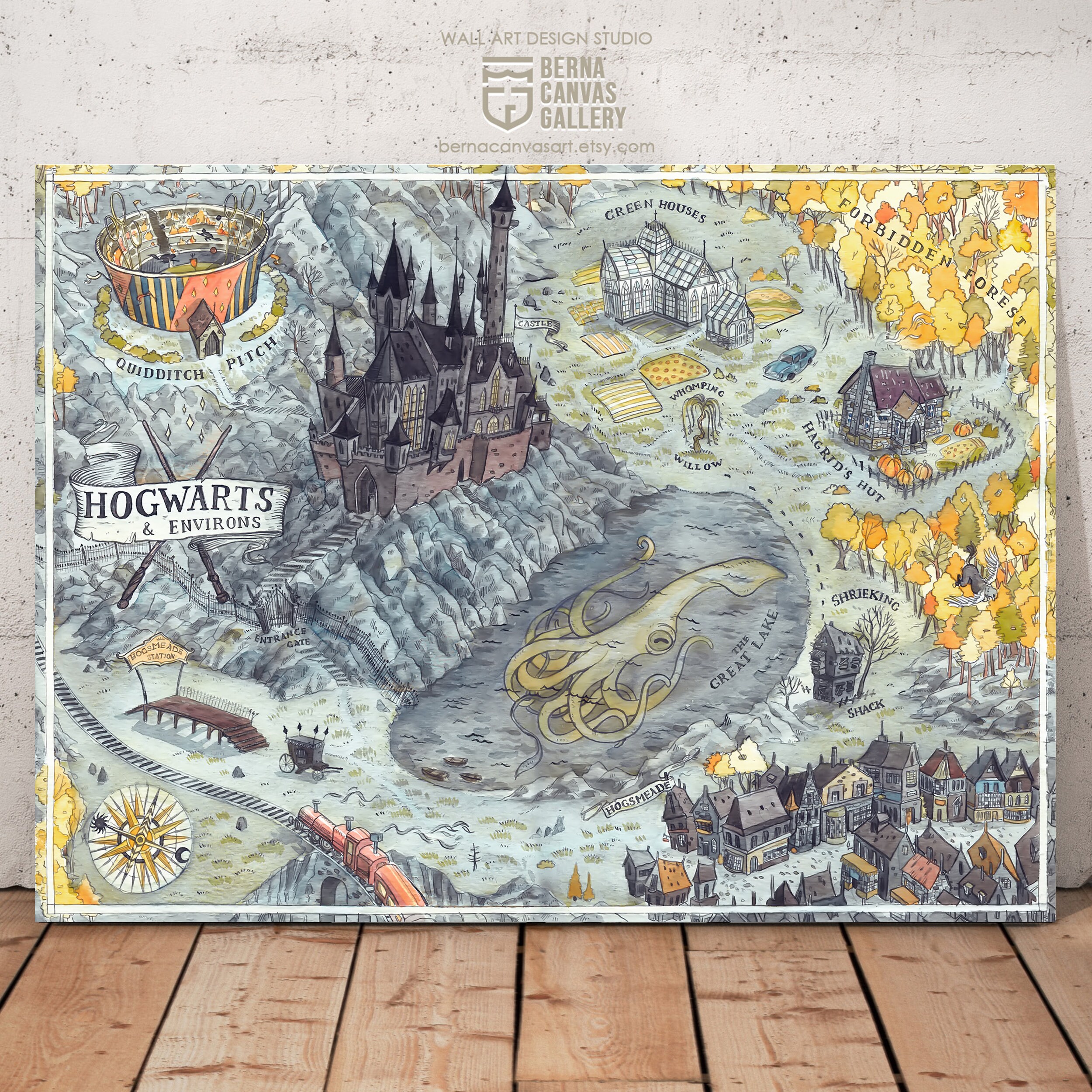Fantasy Map Canvas Poster, Wizarding Inspired Castle Watercolor Poster ...