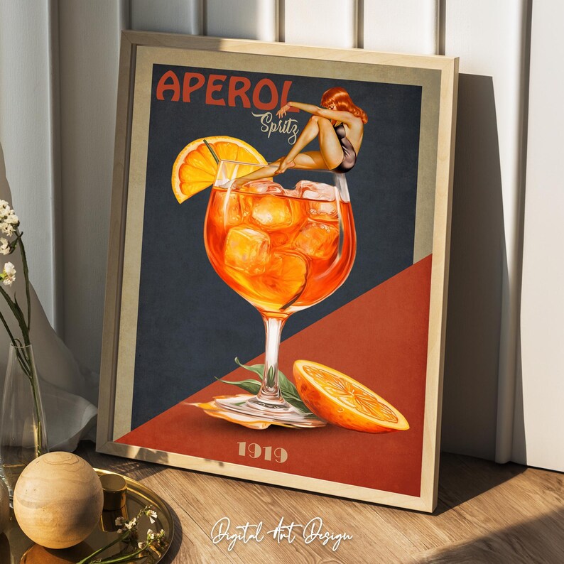 Aperol Spritz Cocktail Art Print: Retro Bar Cart Decor (digital ...
