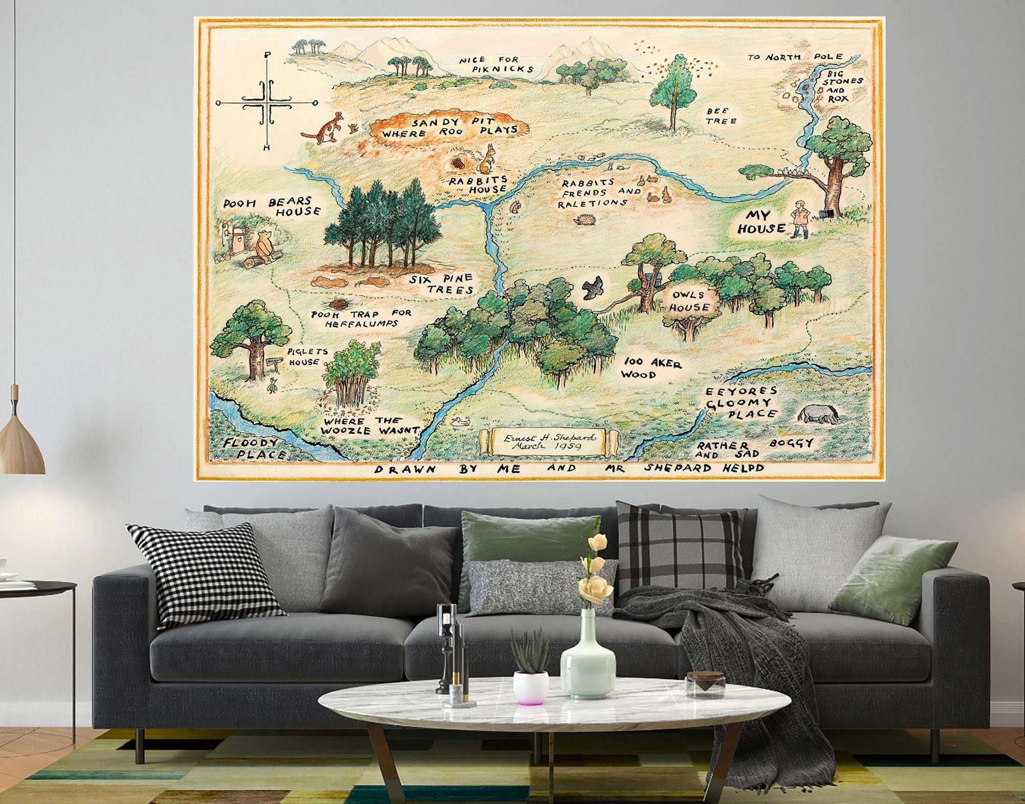 100 Acre Wood Map - Cartoon Classic Map, Baby Shower, Birthday Party ...