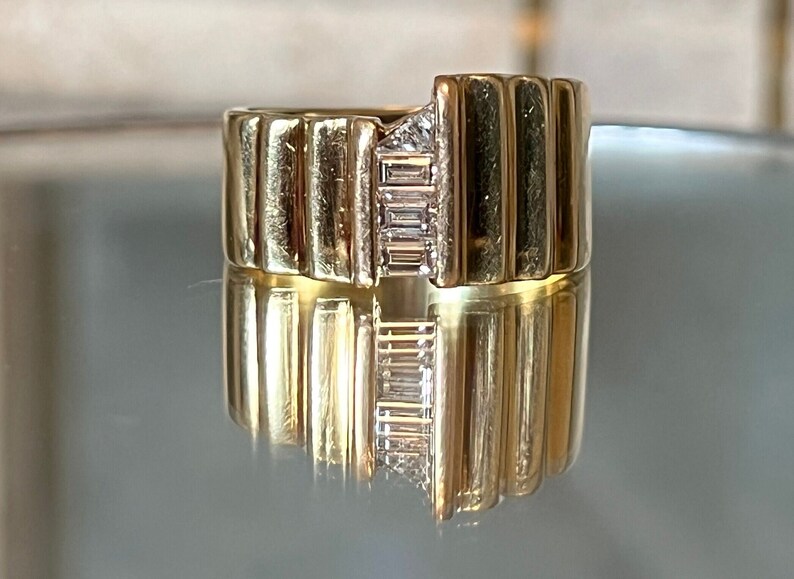 14K Diamond Ribbed Fluted Ring Solid Yellow Gold Estate Vintage Band - Etsy
