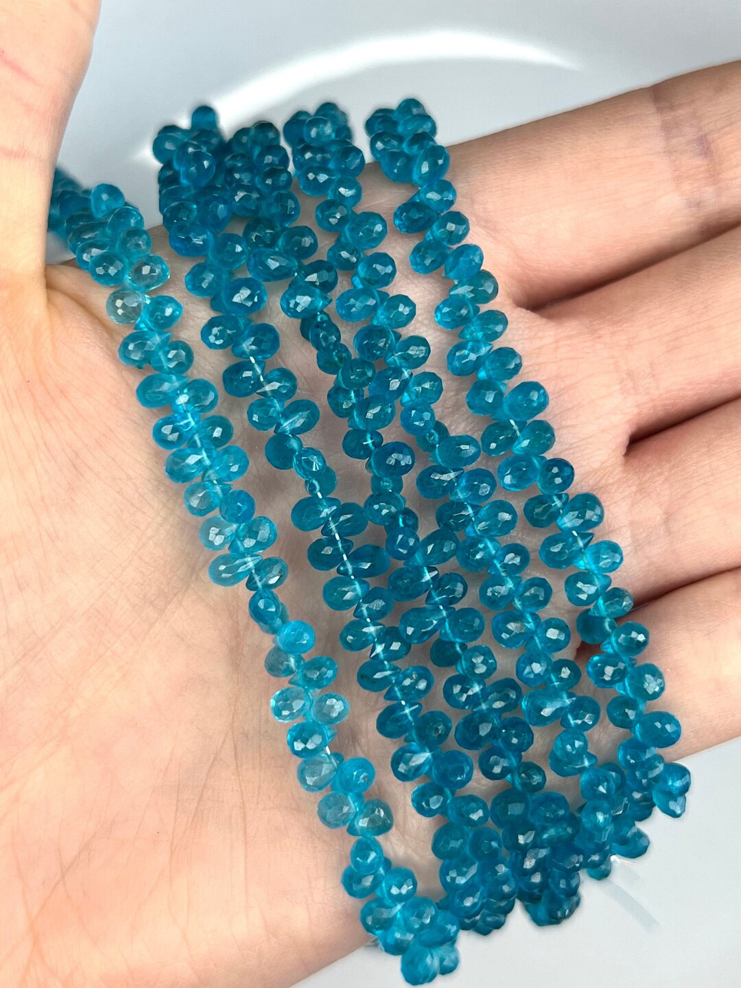 3.5" Strand Bright Neon Blue APATITE Faceted Teardrop Gemstone ...
