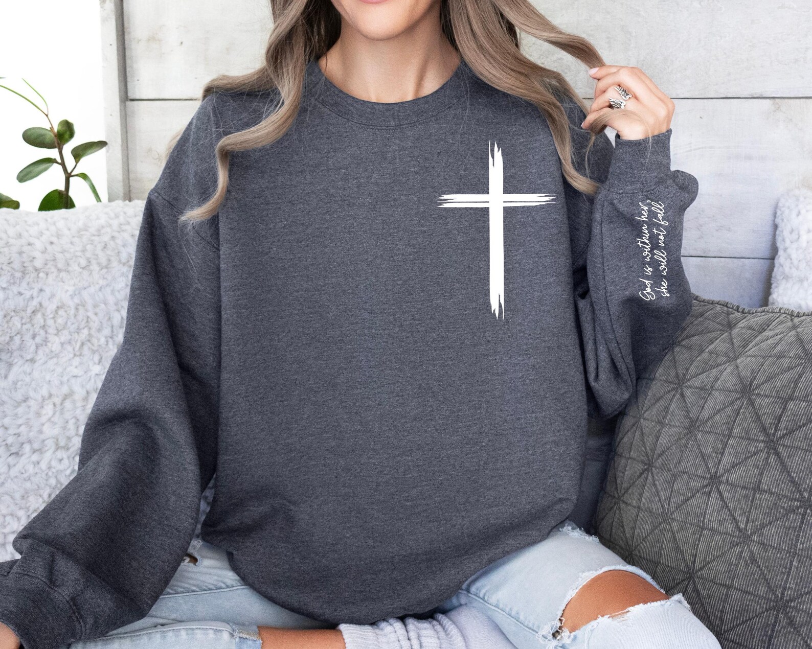 Cross Sweatshirt: Religious Gift With Sleeve Quote - Etsy