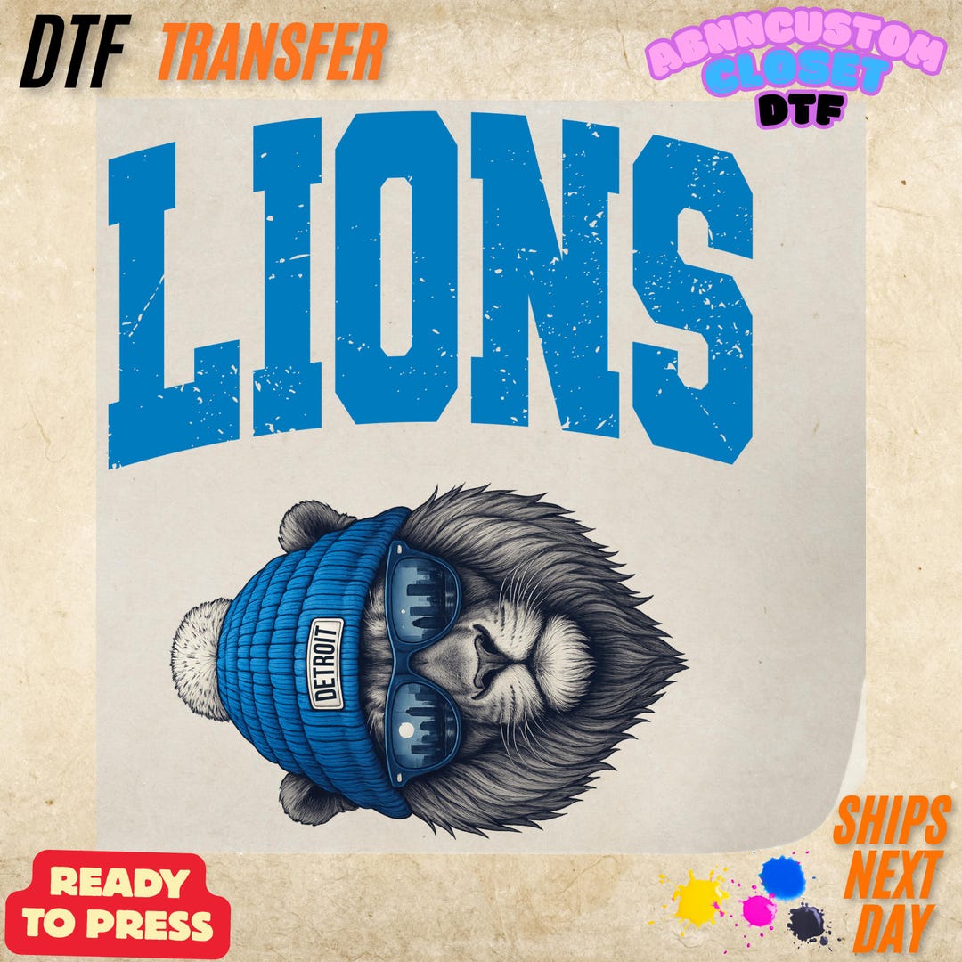 Lions DTF Transfer | Detroit Lion Head Front Design | Back Lions Text ...