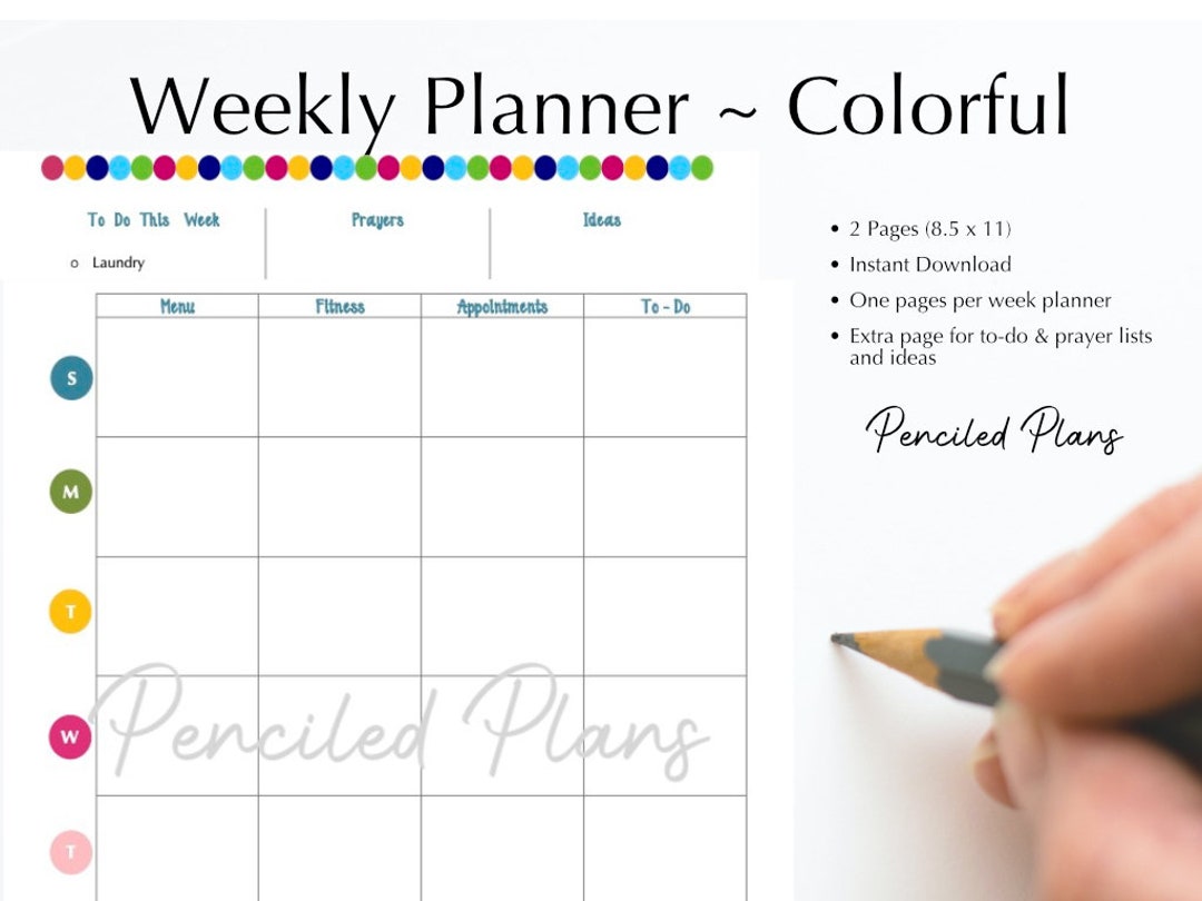 Colorful Weekly Planner Printable: 2-page PDF (8.5x11) (digital ...