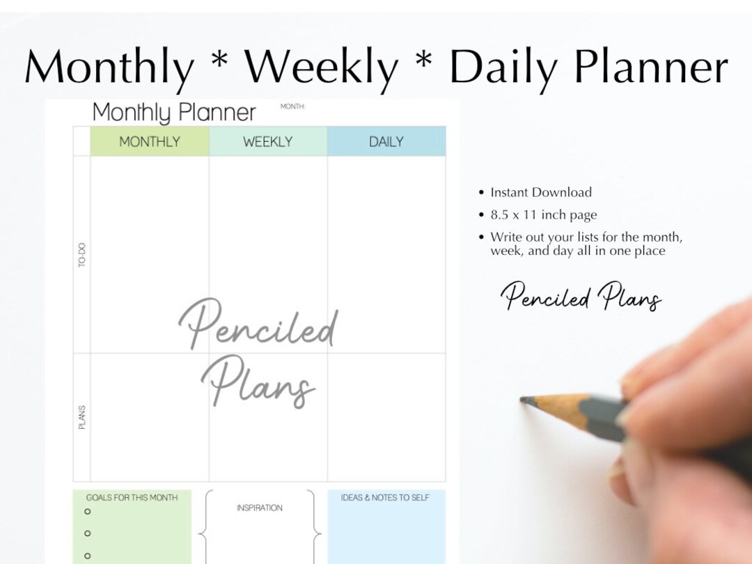 Monthly Weekly Daily Planner Printable PDF Instant Download 1 Page Plan ...