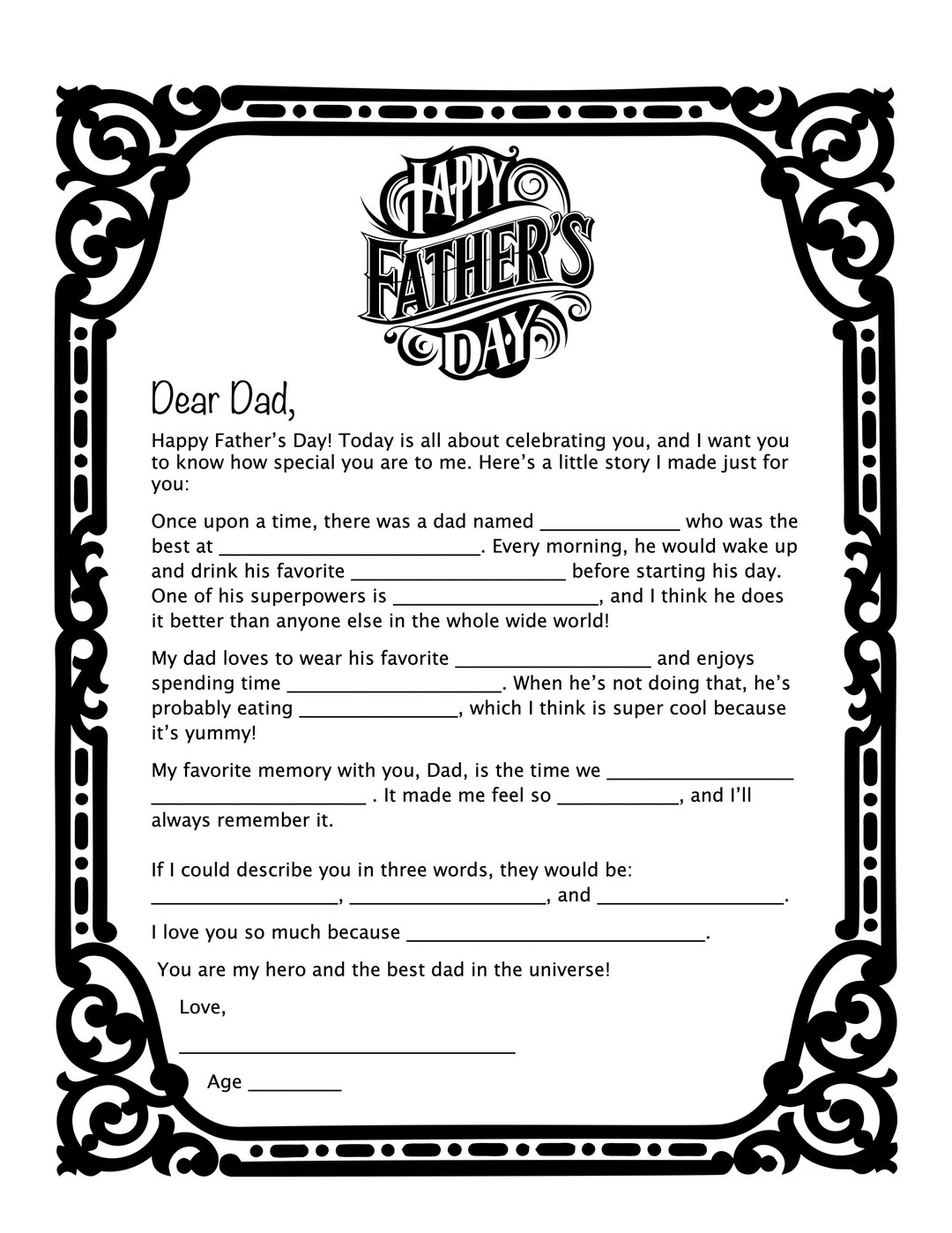 Father's Day Fill-in Letter From Child: Coloring Page Card (instant ...