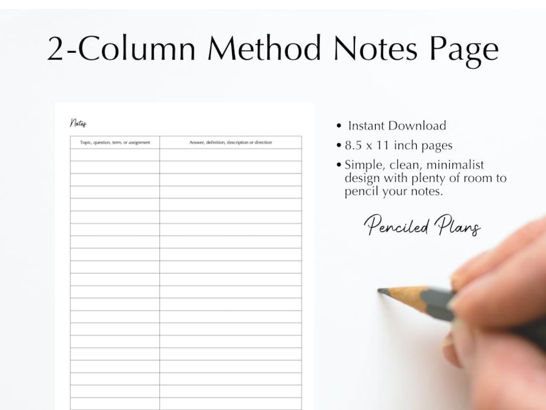 Two Column Method Notes Page PDF Printable Instant Download for ...