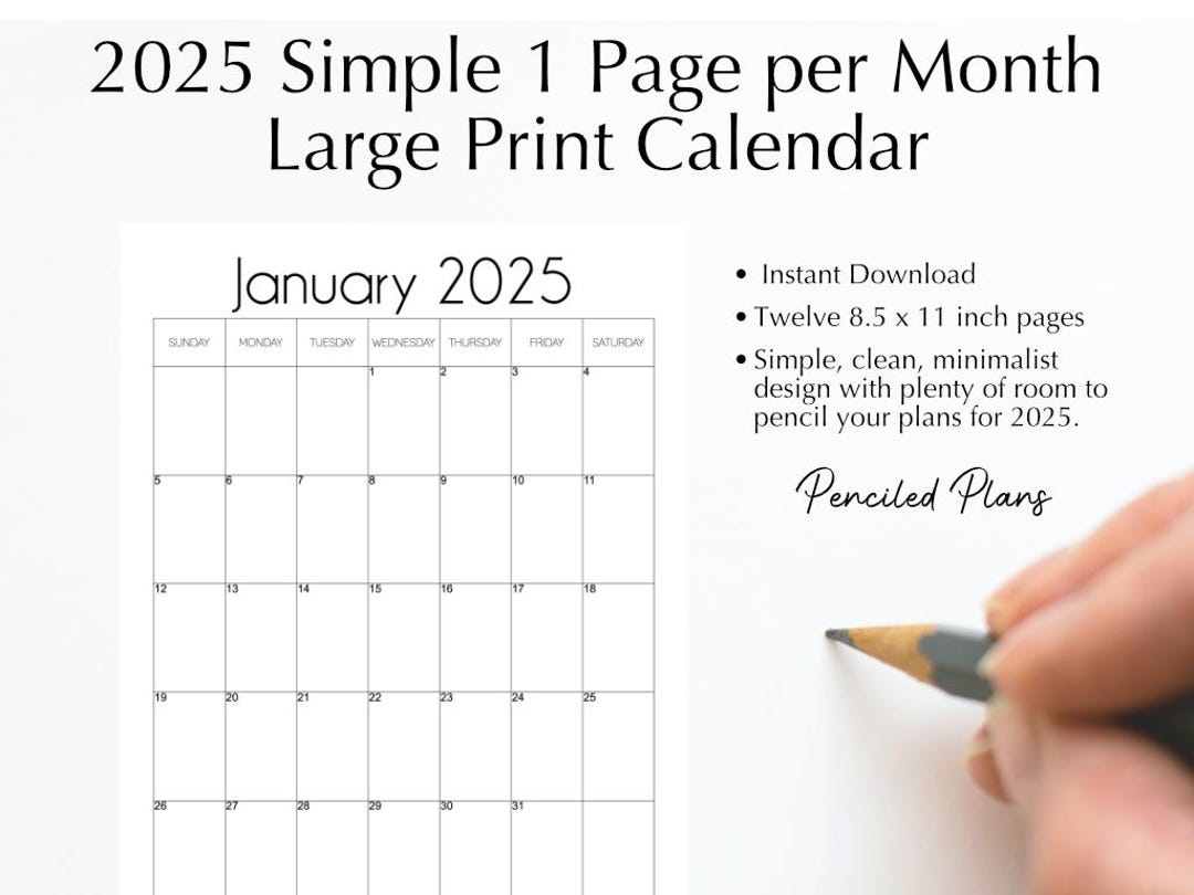 2025 Large Print Monthly Calendar Printable PDF Instant Download Simple ...