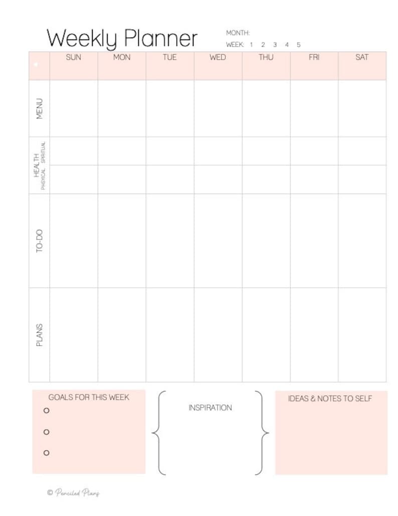 Pink Weekly Planner Printable: Modern One Page Design (PDF Download ...