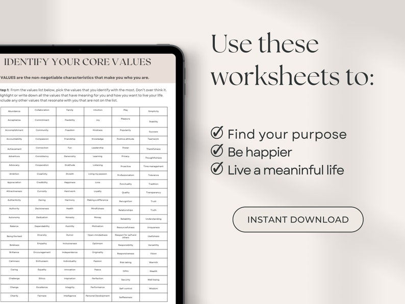Core Values Worksheet: Self-awareness, Empowerment (digital Download ...
