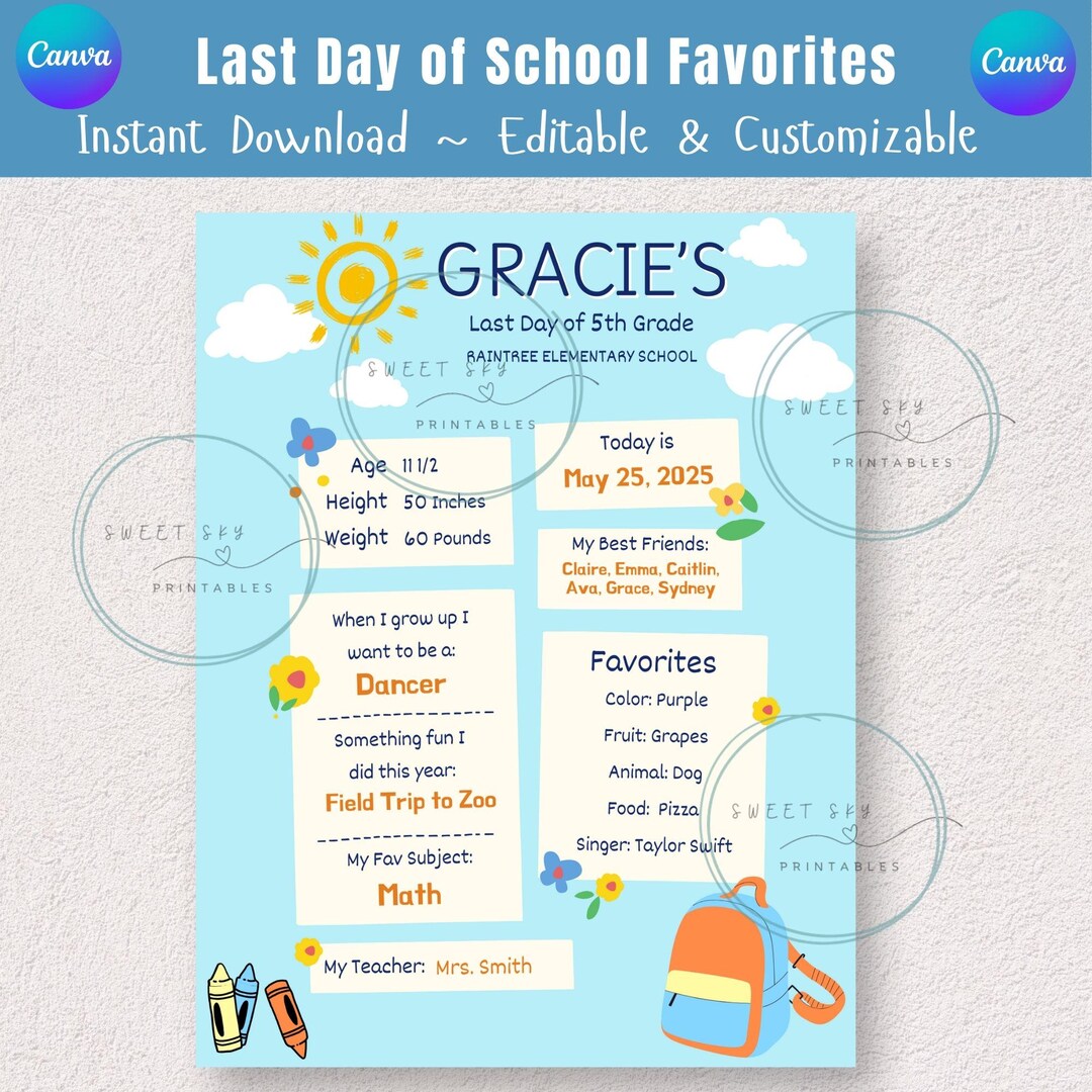 Last Day of School Favorites, Student End of Year Keepsake, Elementary ...