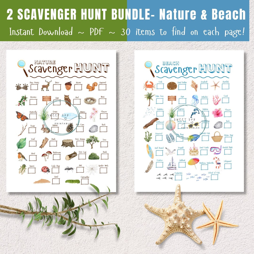 2 Scavenger Hunt Bundle, Printable Outdoor Nature Game for Kids, Beach ...