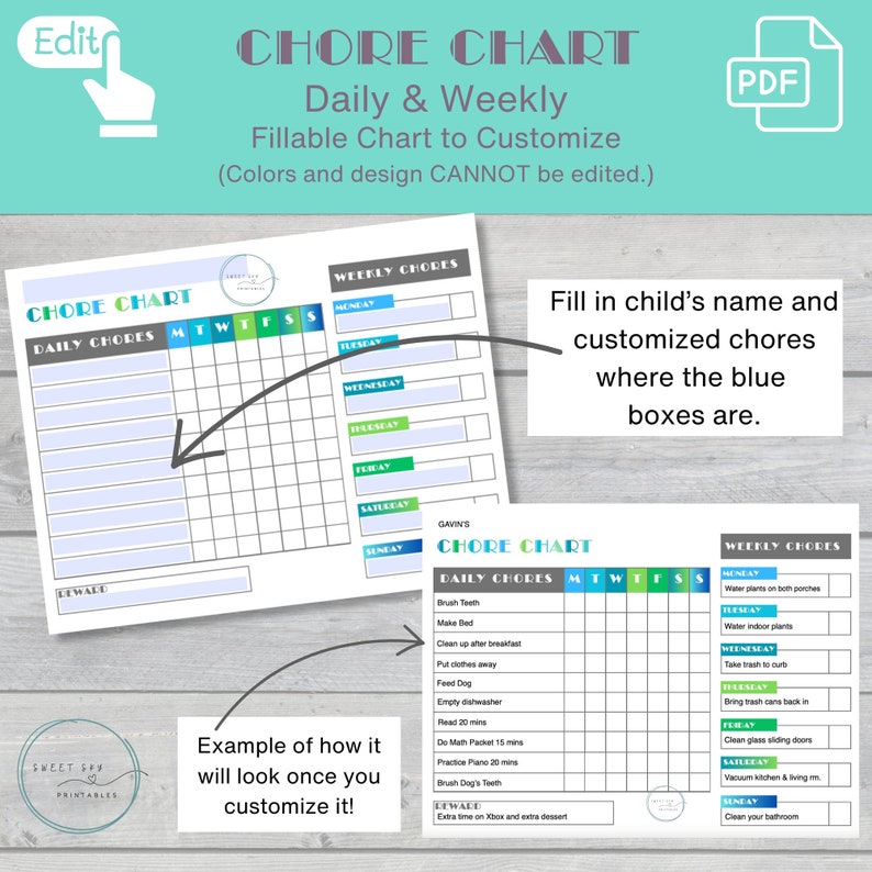 Kid's Chore Responsibility Chart, Chore List for Kids, Daily and Weekly ...